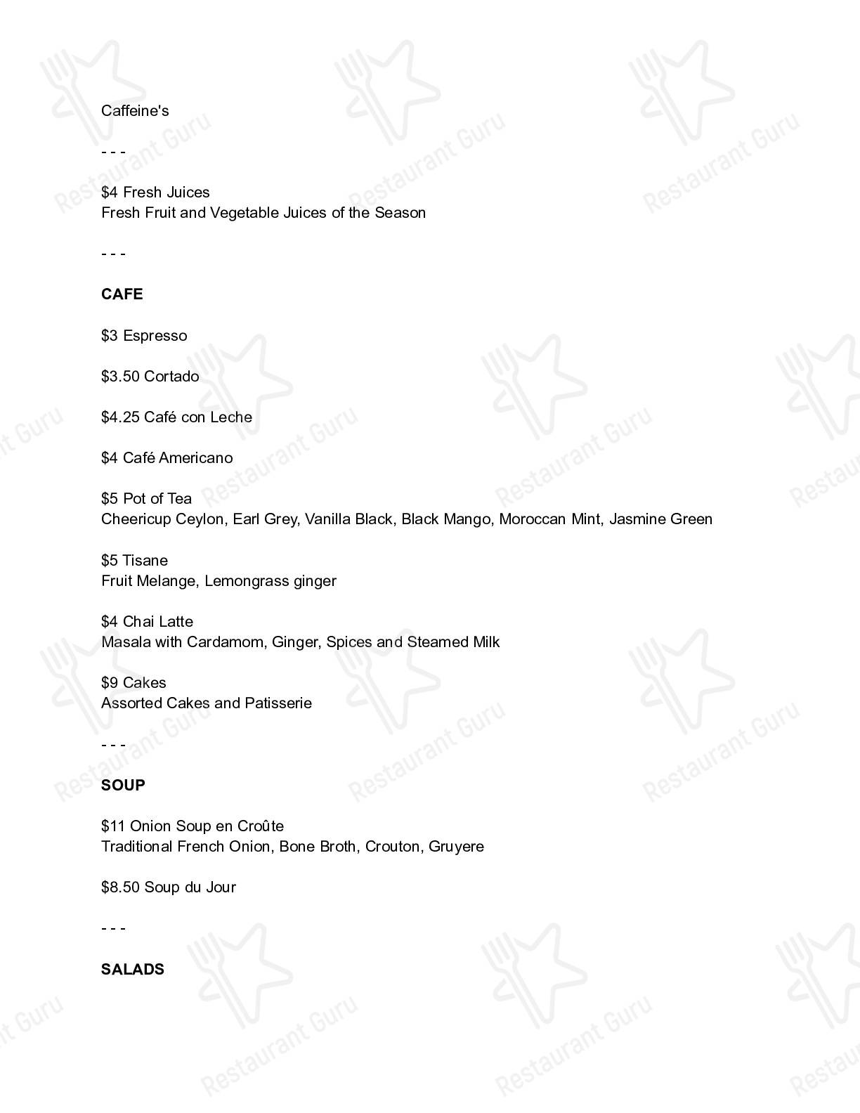 Menu at Caffeine restaurant, West Springfield