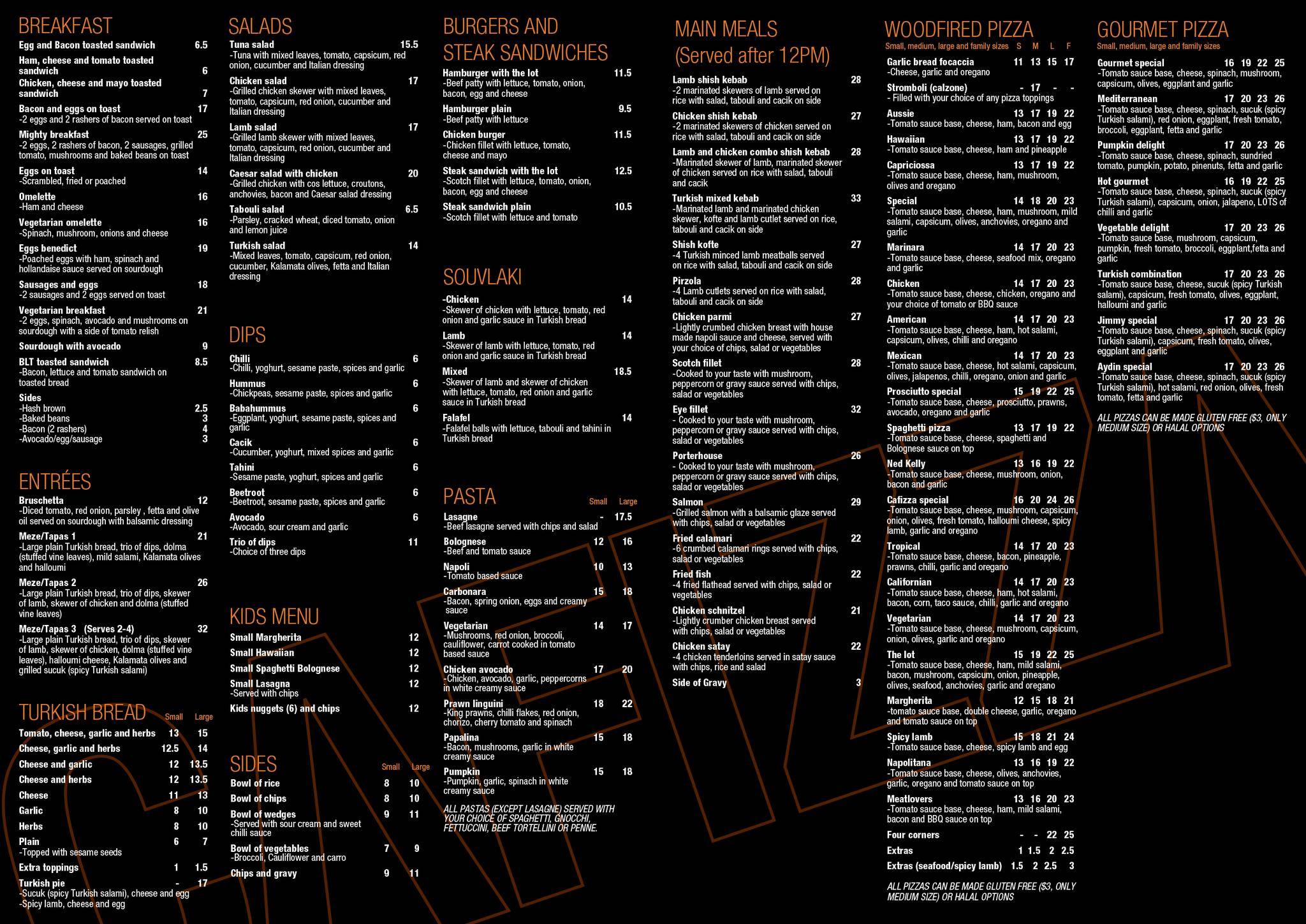 Menu at Cafizza restaurant, Geelong
