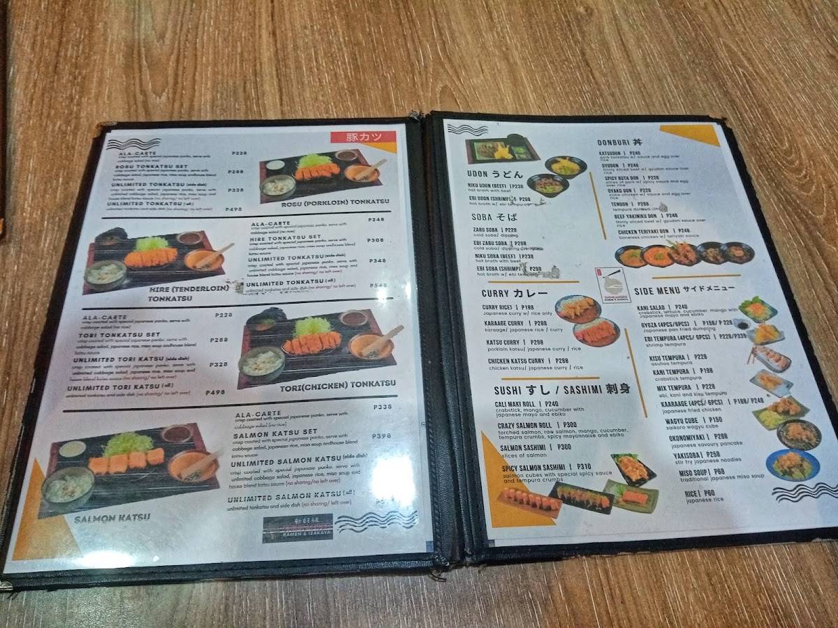 Menu at Shinkansen Ramen & Izakaya restaurant, Calamba