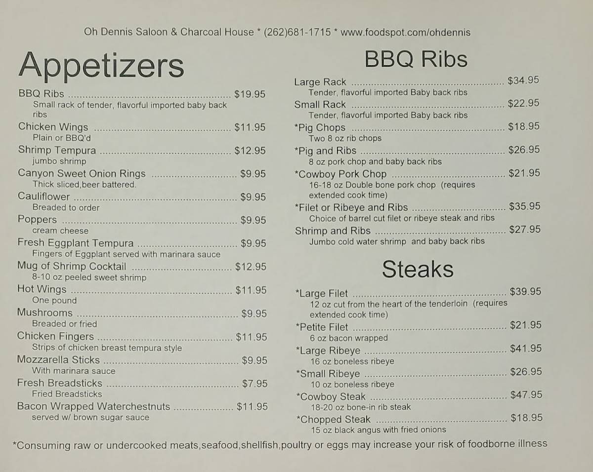 Menu at Oh Dennis! Saloon & Charcoal House BBQ, Racine