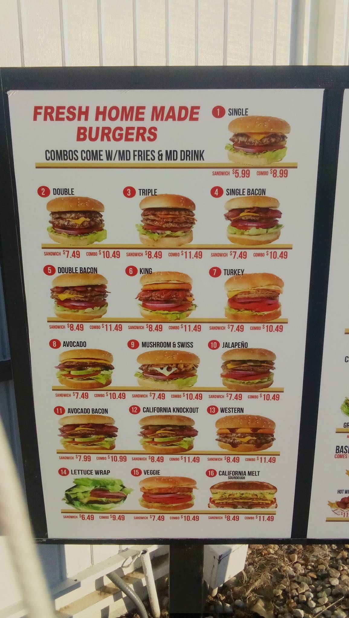 Menu at California Burger fast food, Indianapolis, E 82nd St