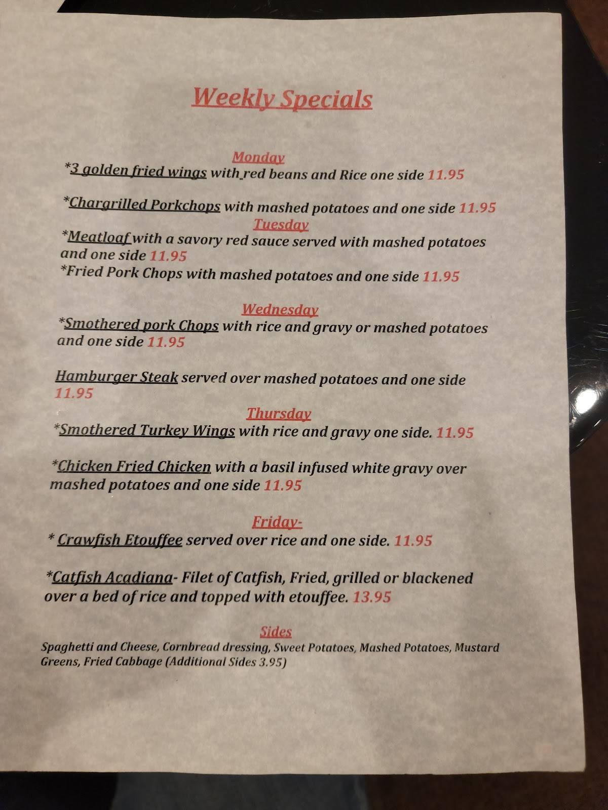 Menu at Callihan's Restaurant on Pinhook, Lafayette