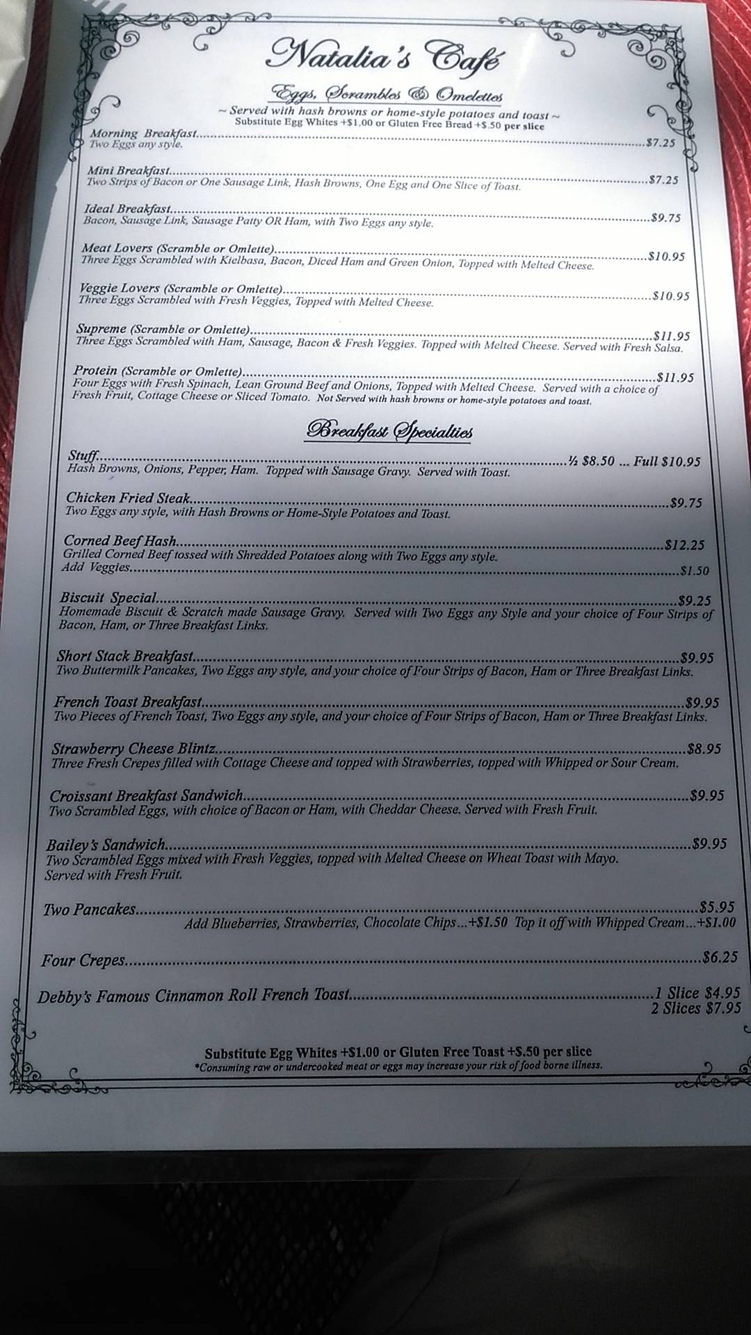 Menu at Natalia's Cafe, Camas