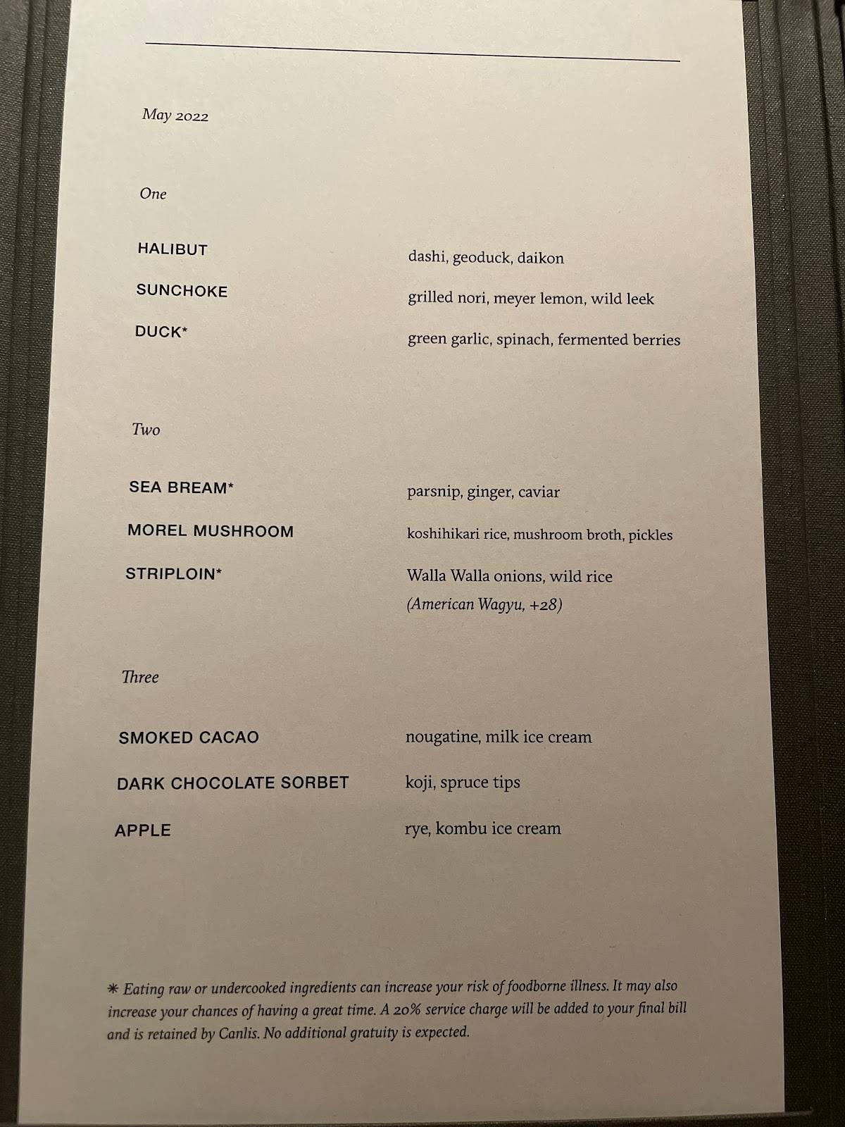Menu at Canlis restaurant, Seattle