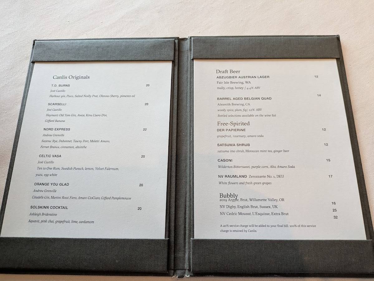 Menu at Canlis restaurant, Seattle