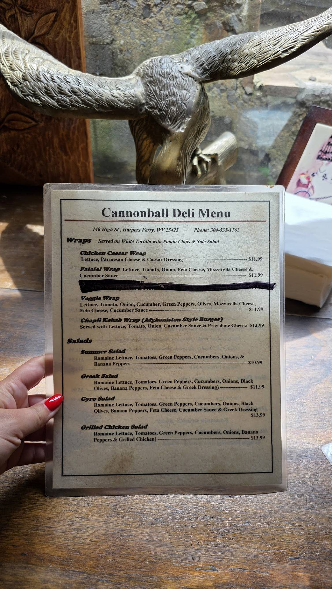 Menu at Cannonball Deli restaurant, Harpers Ferry