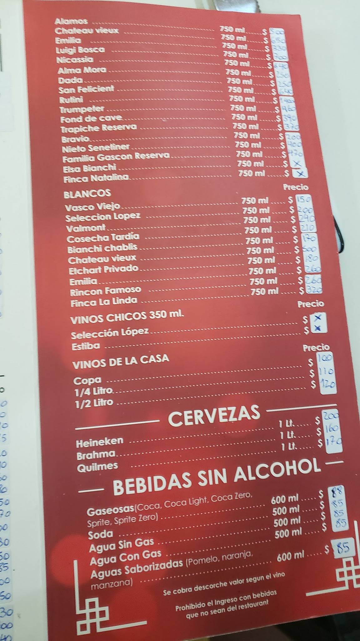 Carta del restaurante Cantina Don Chicho, Buenos Aires, Plaza 1411