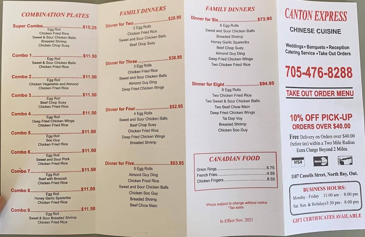 Menu at Canton Express restaurant, North Bay