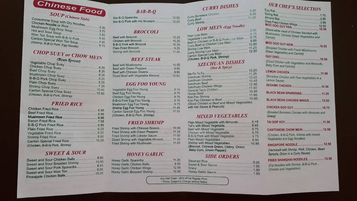 Menu at Canton Express restaurant, North Bay