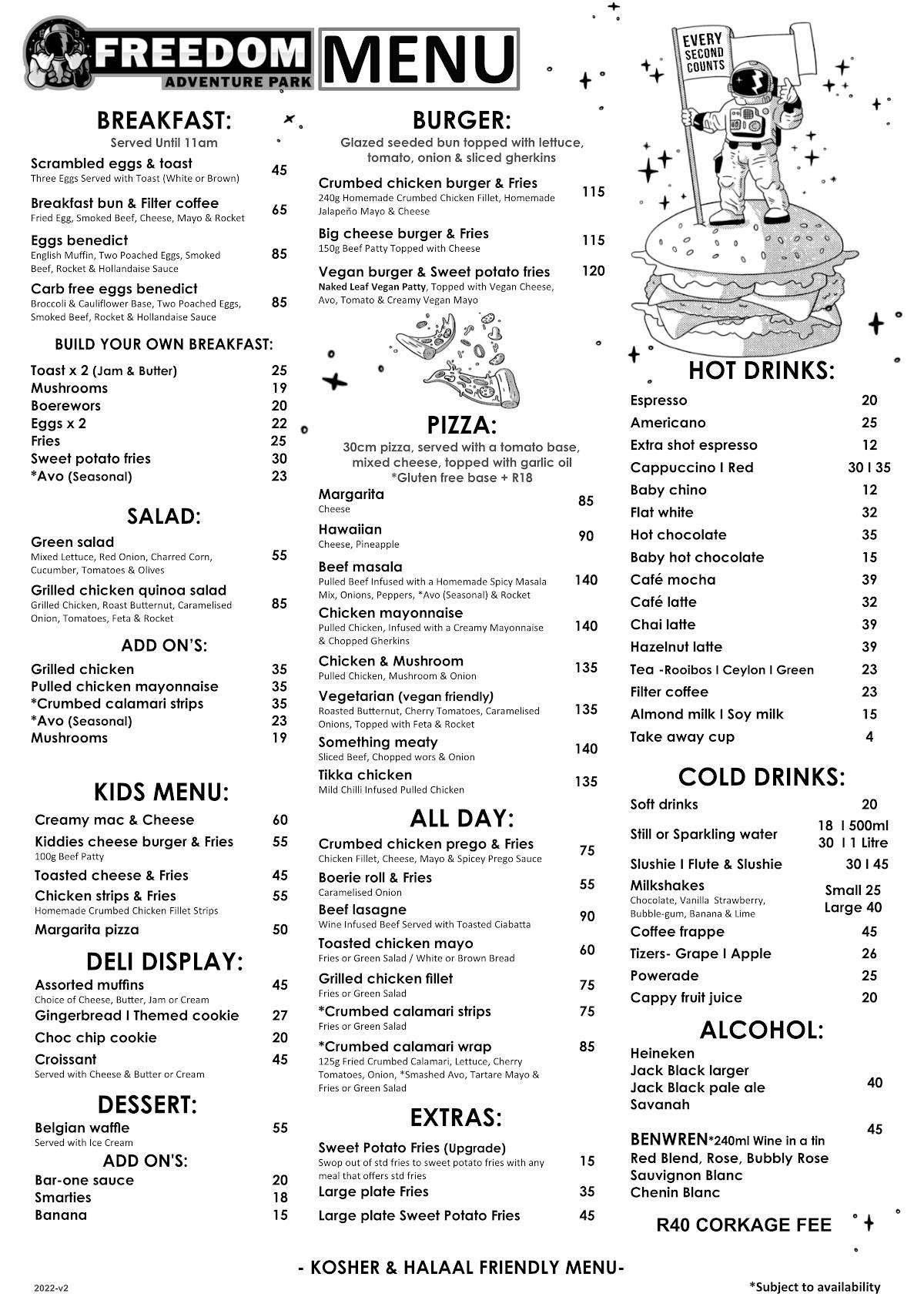 Menu at Freedom Adventure Park restaurant, Cape Town