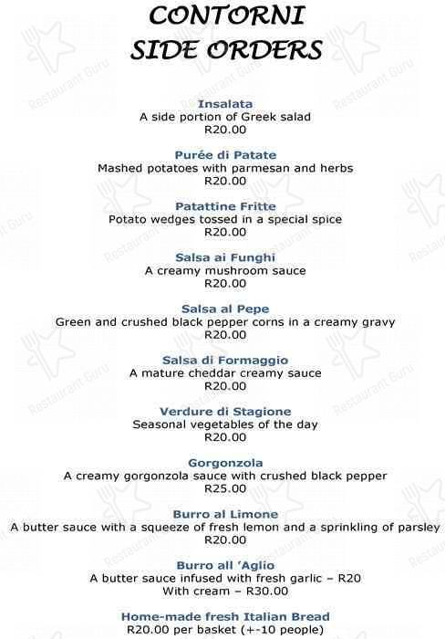 Menu at Italian Club, Cape Town