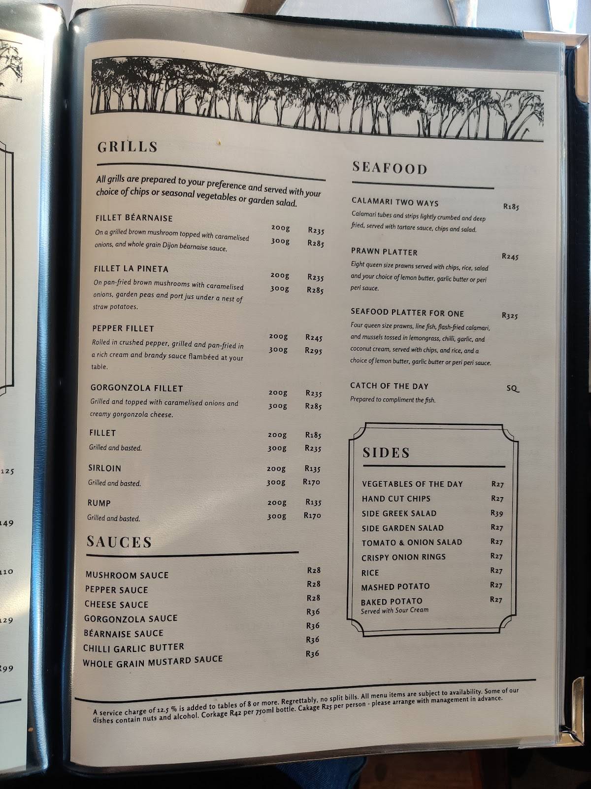 Menu at La Pineta restaurant, Stellenbosch, R44