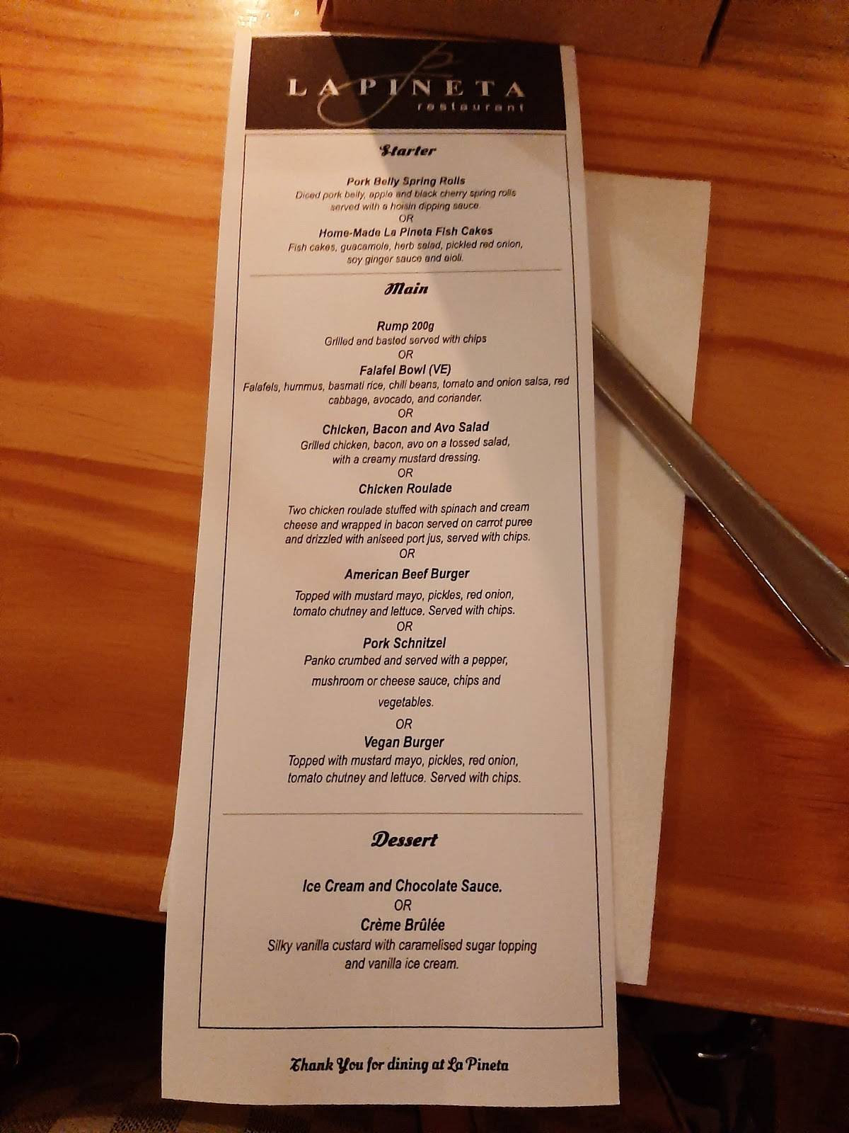 Menu at La Pineta restaurant, Stellenbosch, R44