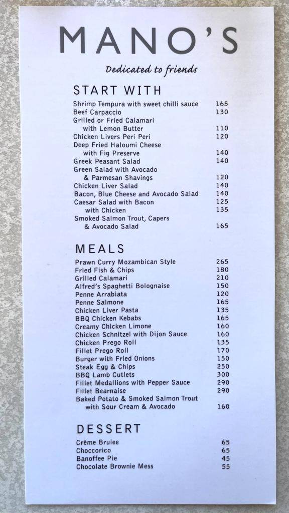 Menu at Mano's restaurant, Cape Town