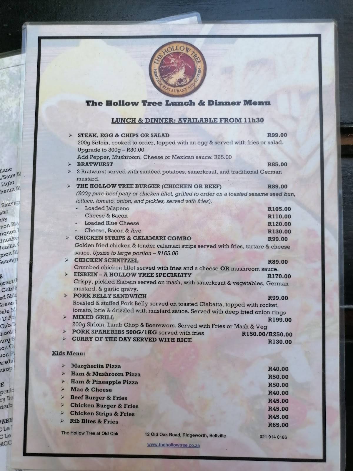 Menu at The Hollow Tree at Old Oak restaurant, Cape Town, 12 Old Oak Rd