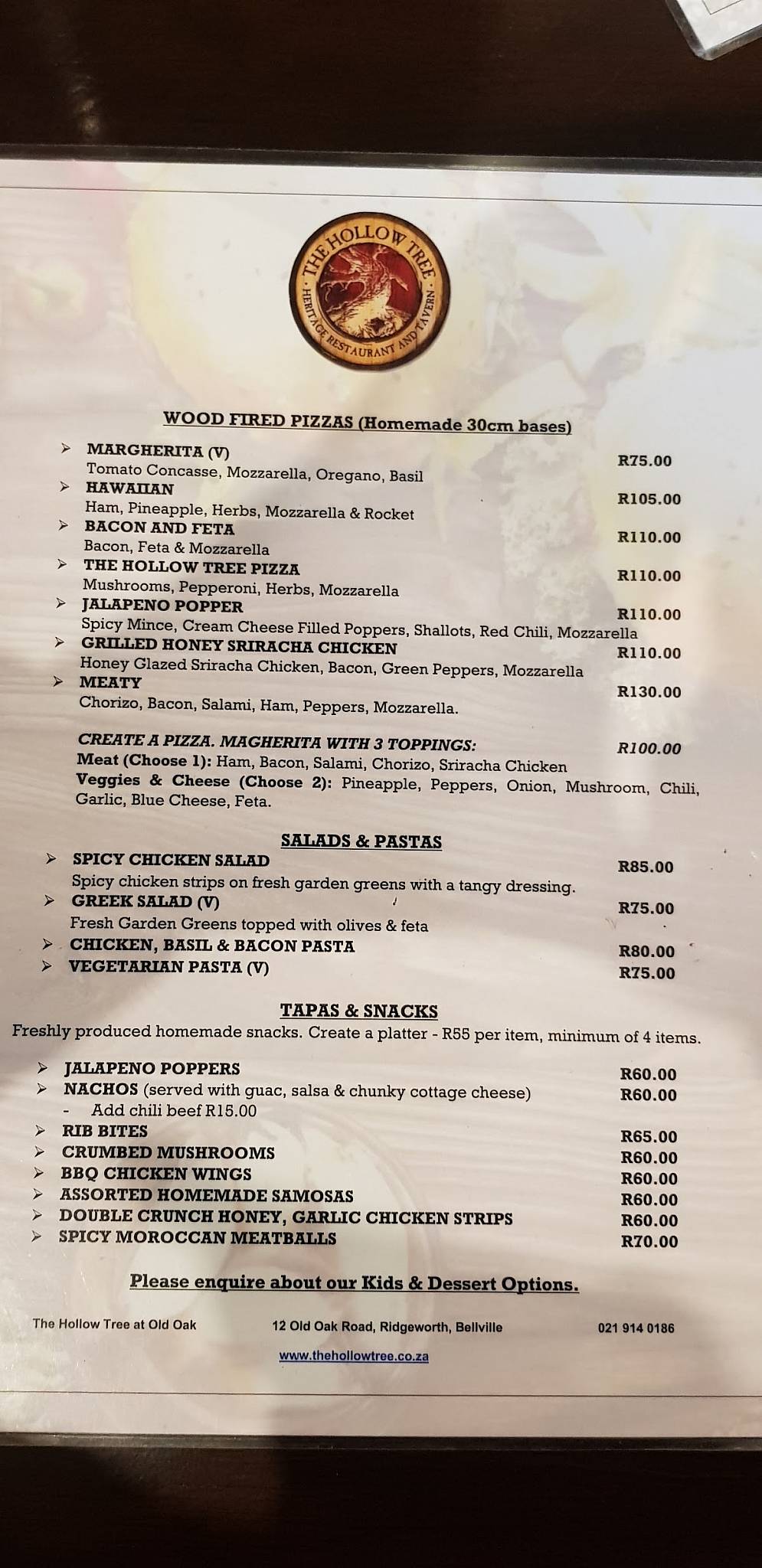 Menu at The Hollow Tree at Old Oak restaurant, Cape Town, 12 Old Oak Rd