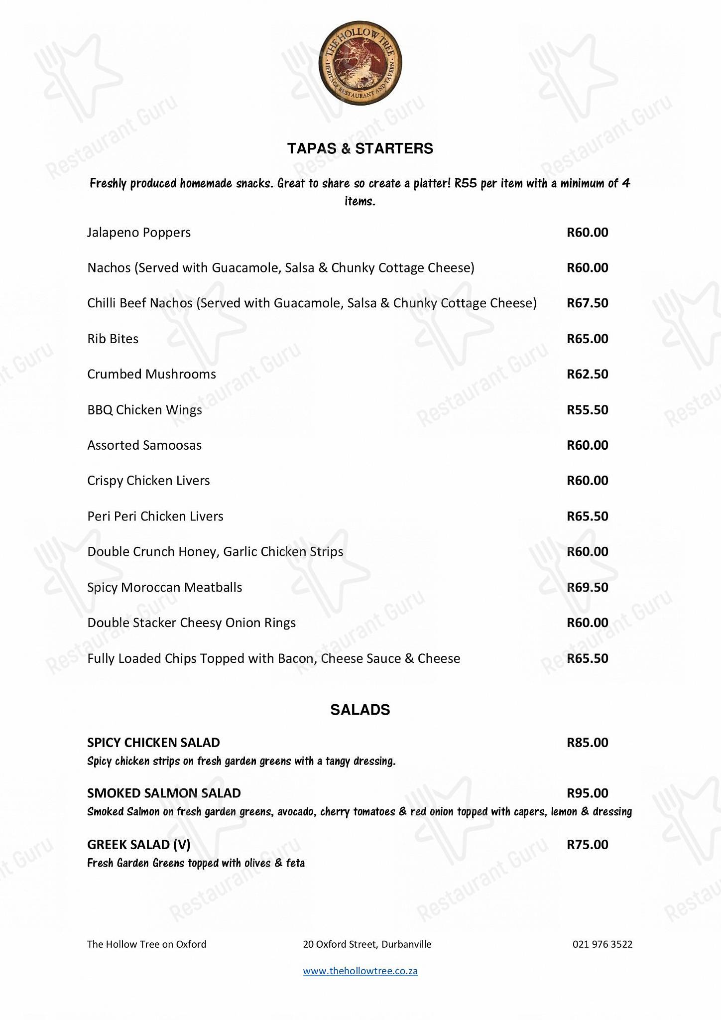 Menu at The Hollow Tree at Old Oak restaurant, Cape Town, 12 Old Oak Rd