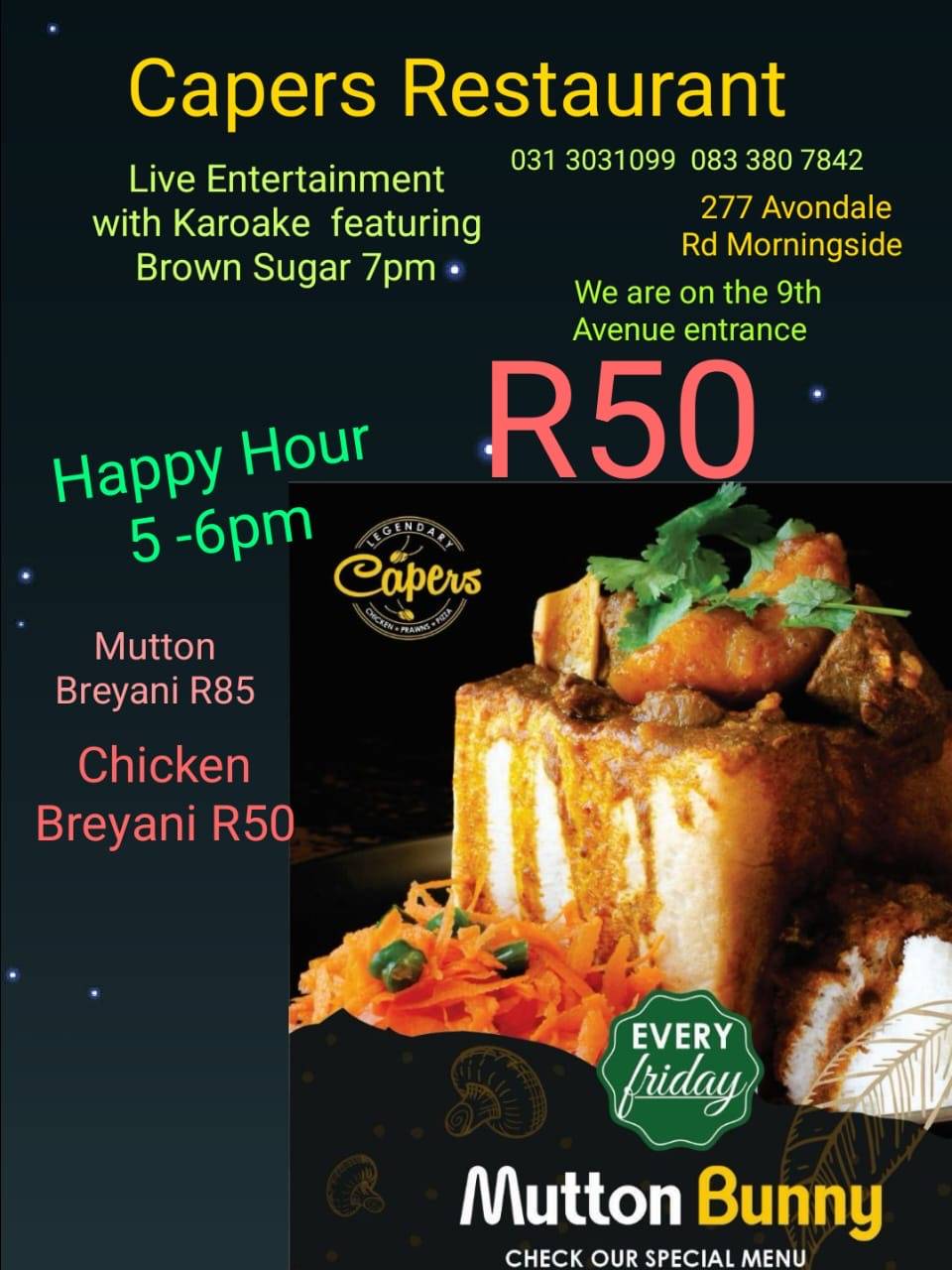 Menu at Capers Restaurant and Sports Bar, Durban