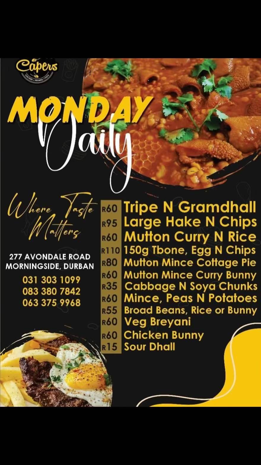 Menu at Capers Restaurant and Sports Bar, Durban