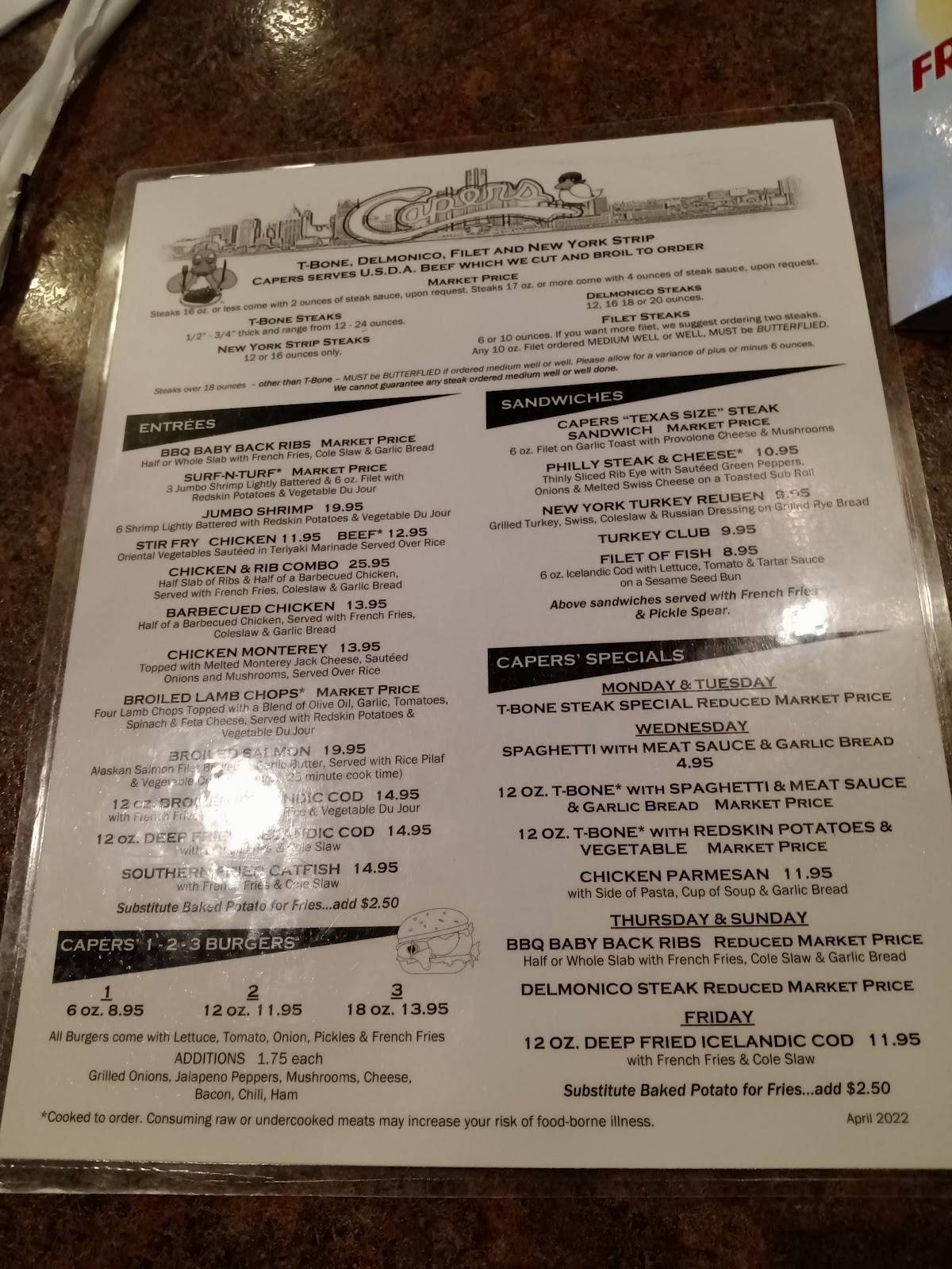 Menu at Capers steakhouse, Detroit