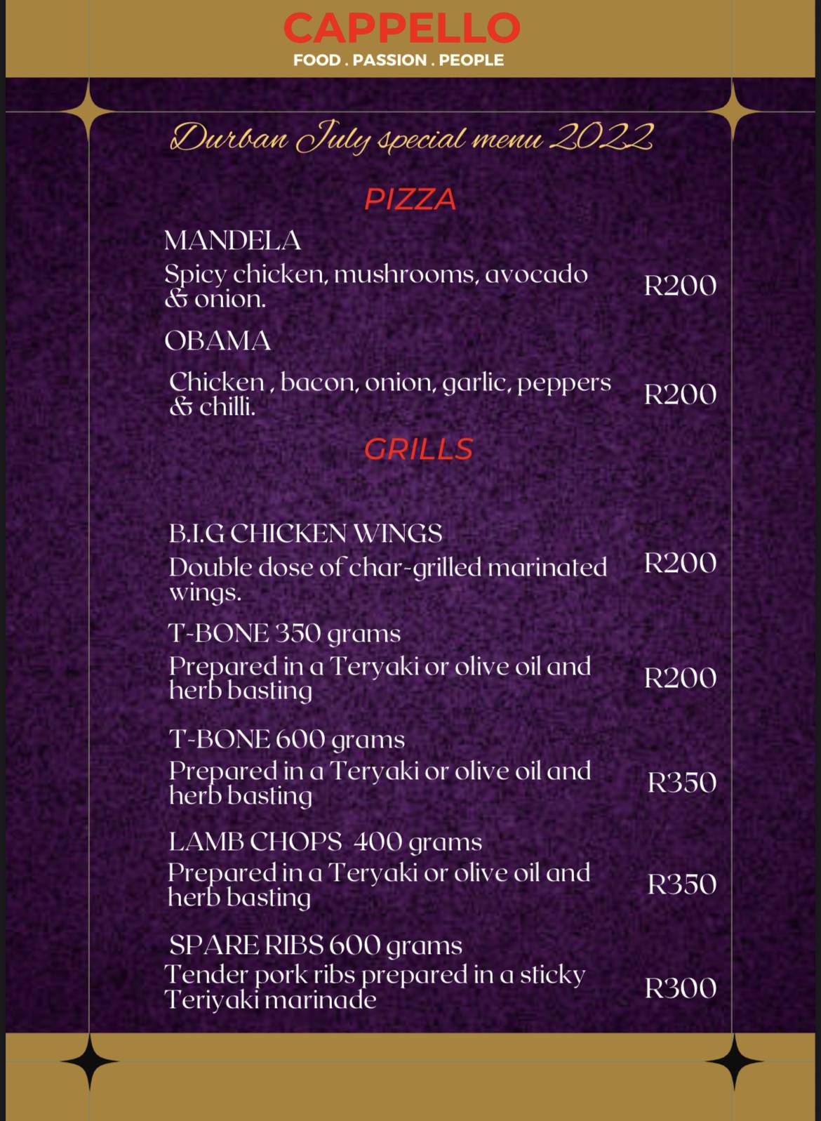 Menu at Cappello Florida Road restaurant, Durban, 206 Florida Rd