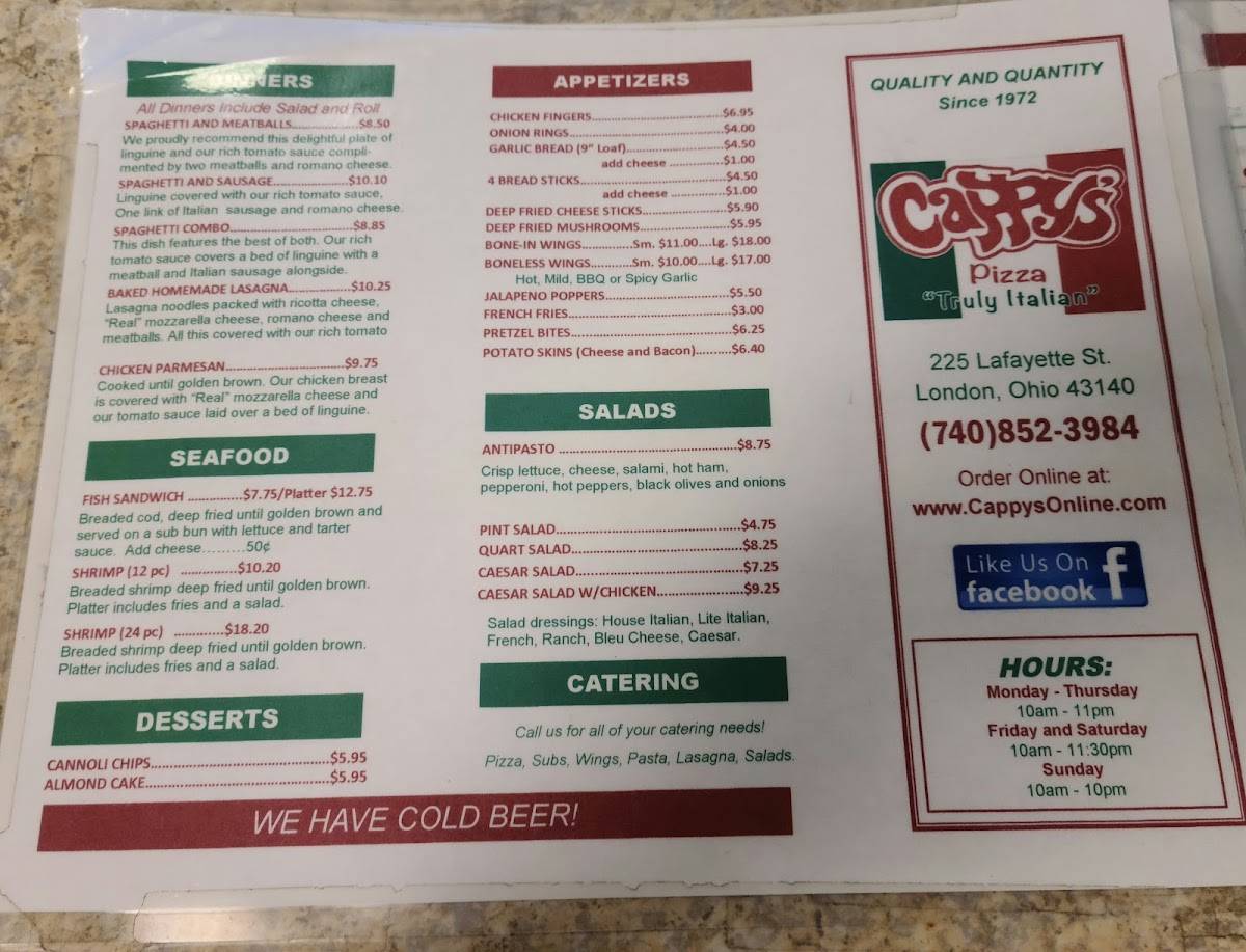 Menu at Cappy's Pizza pizzeria, London