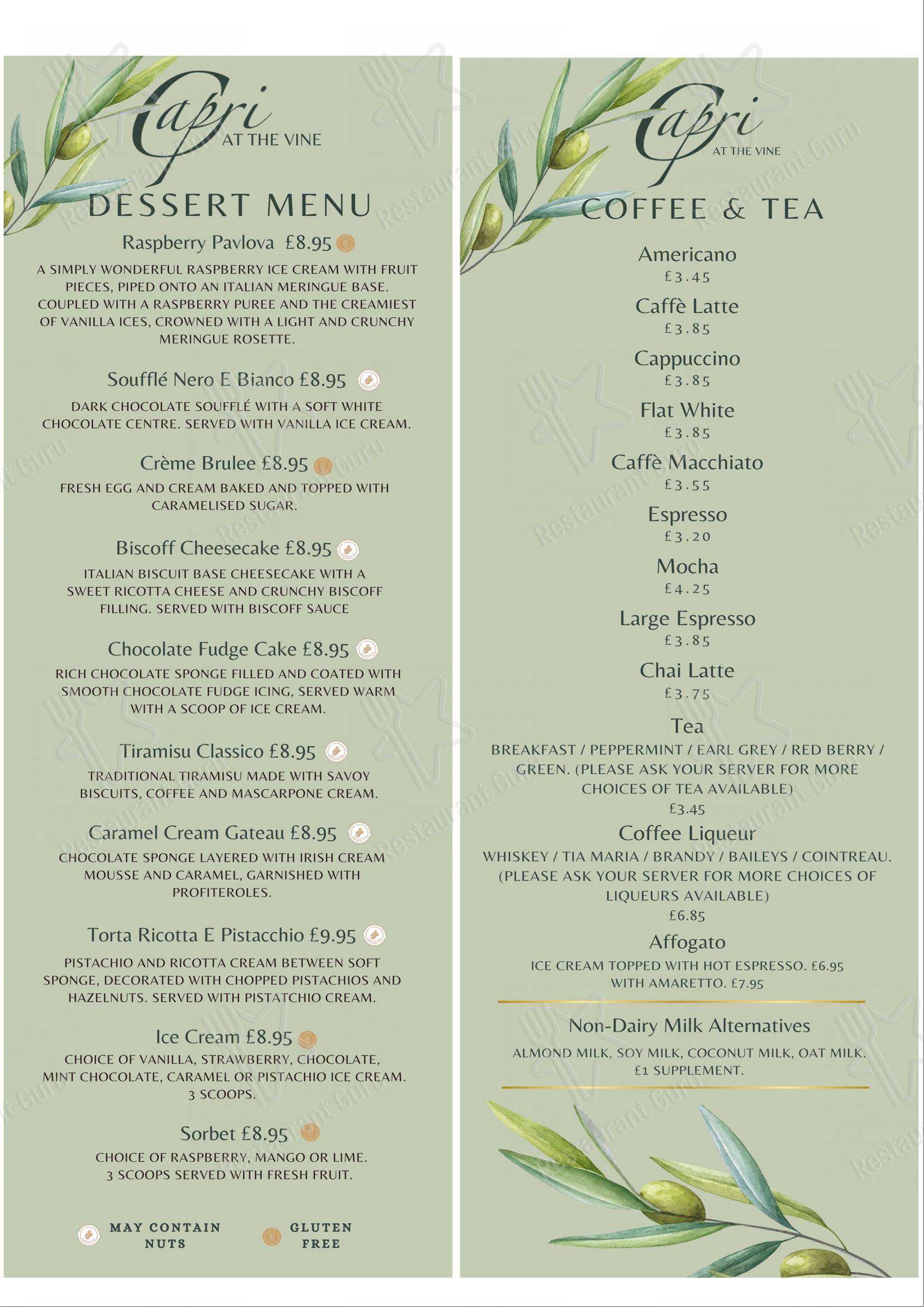 Menu at Capri @ The Vine restaurant, Wakefield