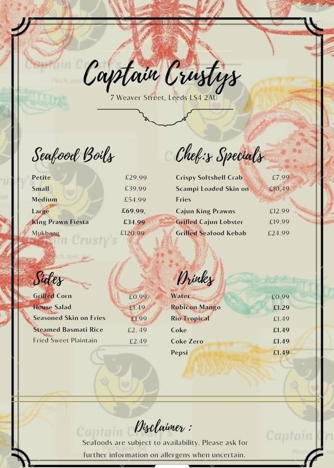 Menu at Captain Crustys restaurant, Leeds