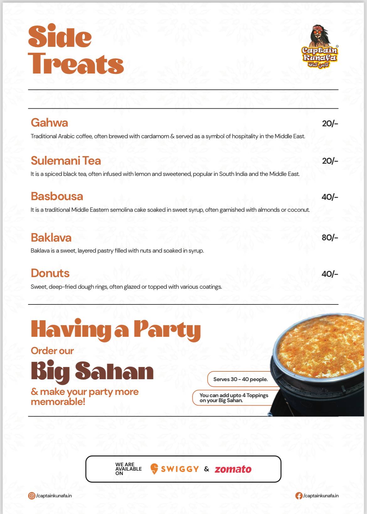Menu at Captain Kunafa, Hyderabad, beside Sahifa Masjid Road