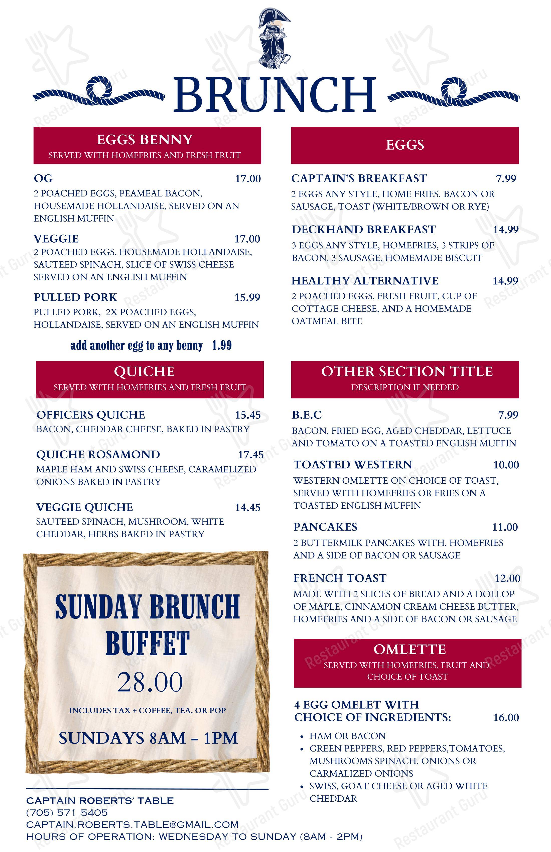 Menu at Captain Roberts' Table restaurant, Penetanguishene