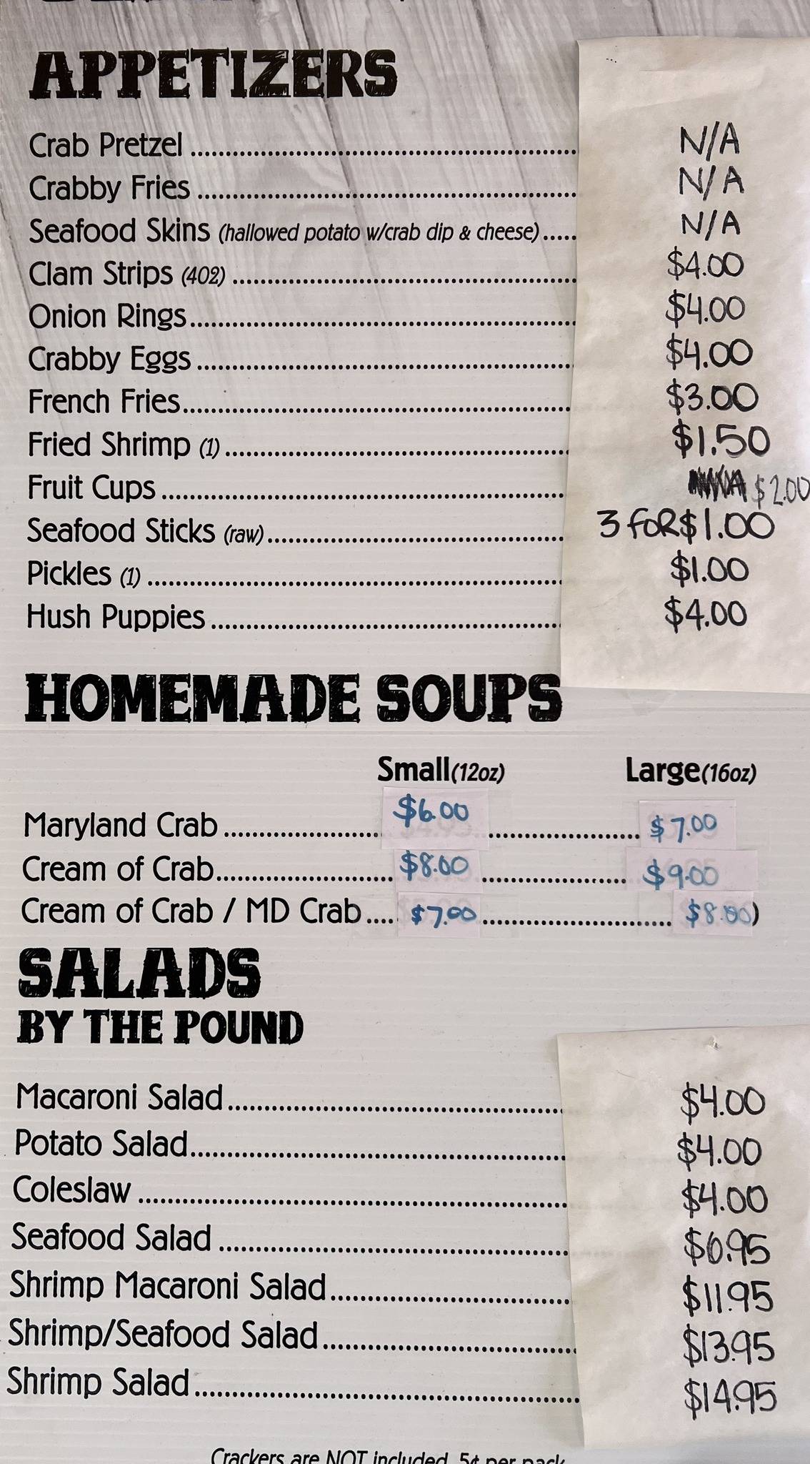 Menu at Capt'n Franks Seafood restaurant, Baltimore
