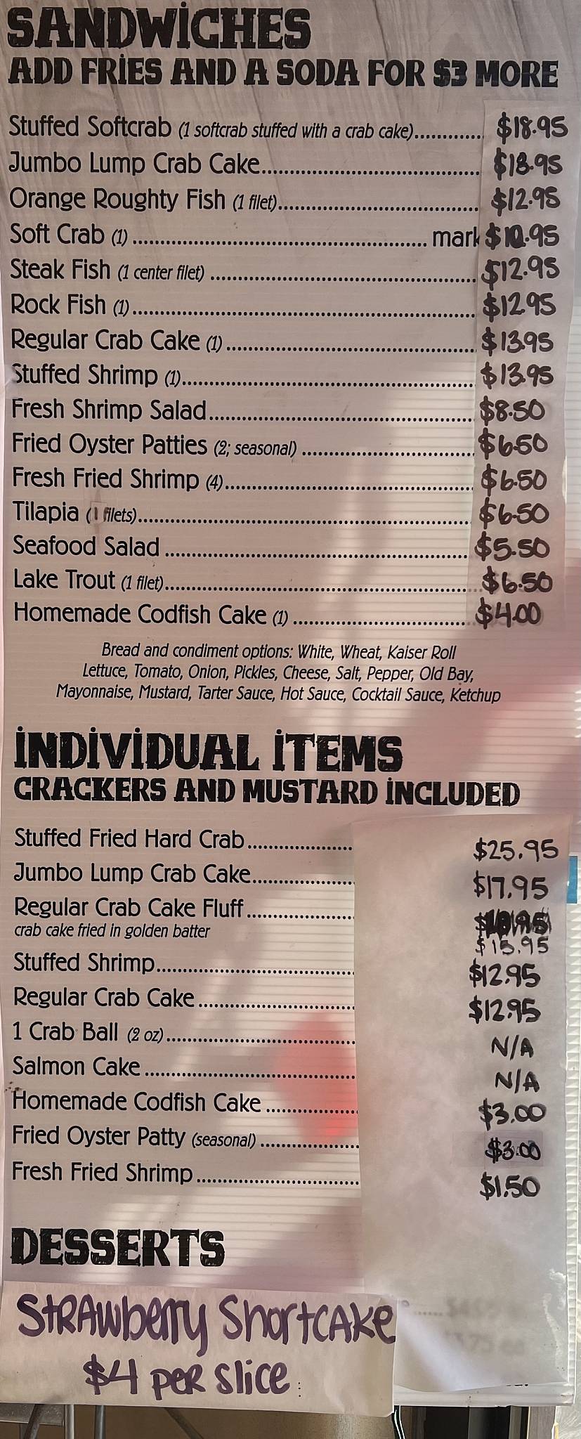 Menu at Capt'n Franks Seafood restaurant, Baltimore