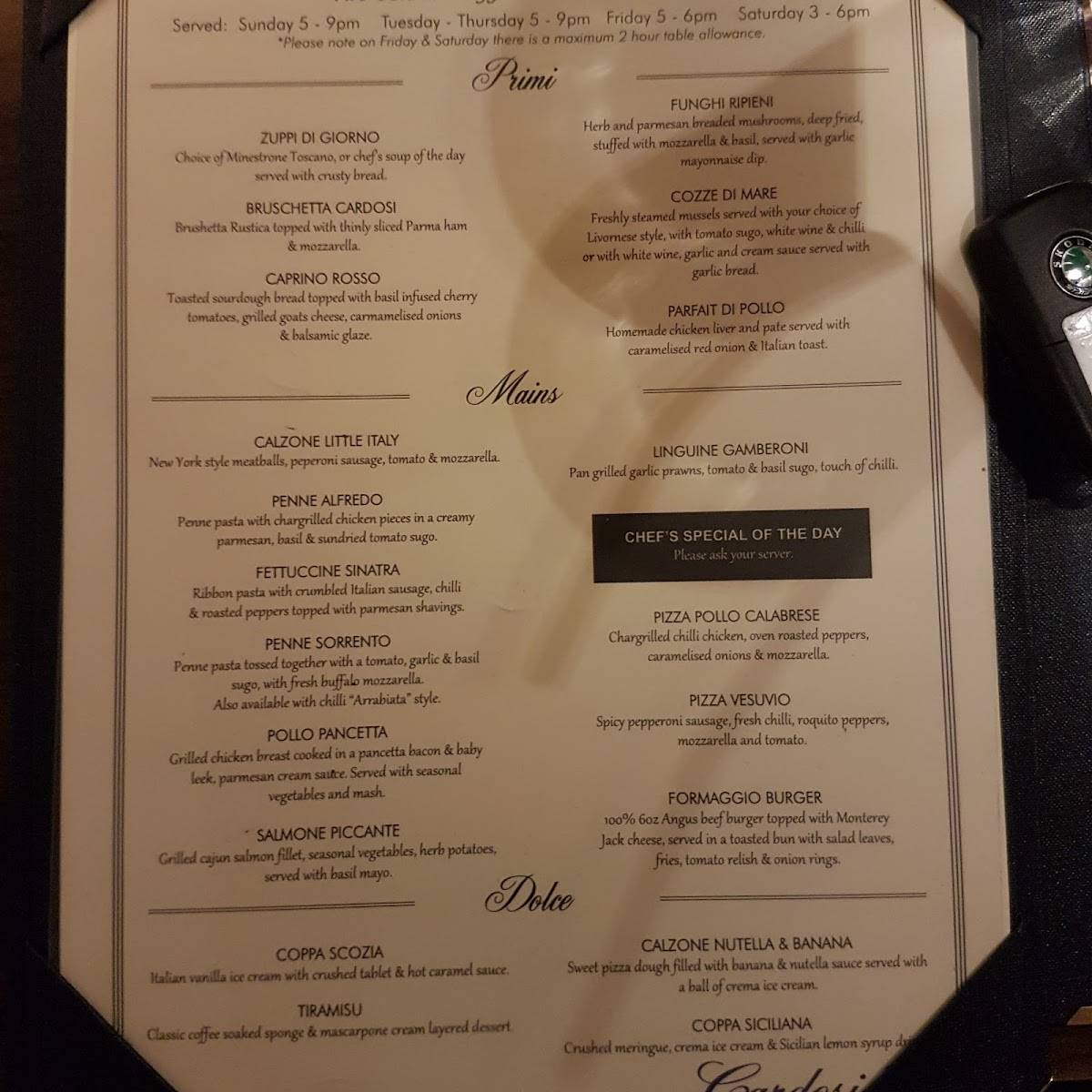 Menu at Cardosi's restaurant, Paisley, 4 Storie St
