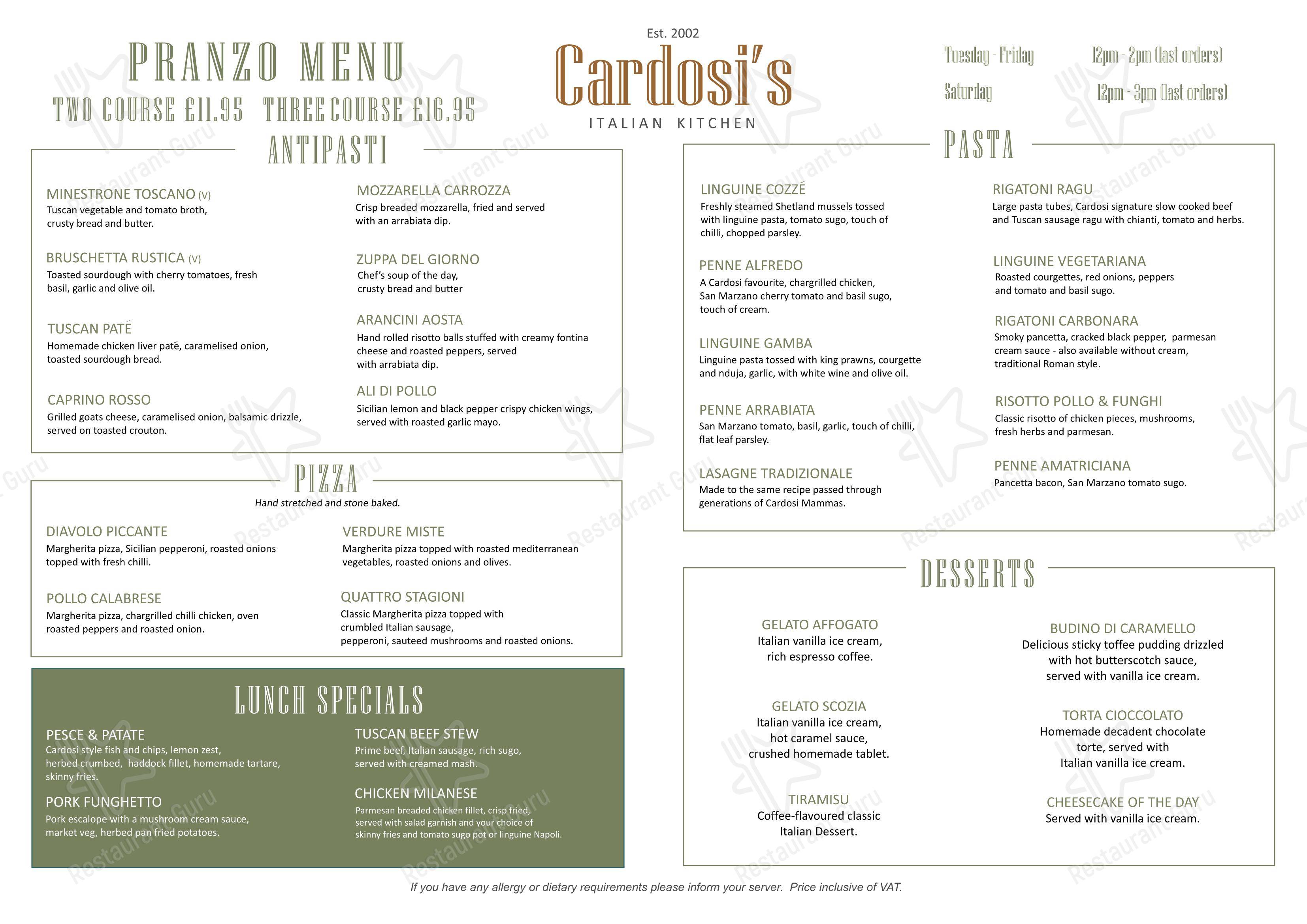 Menu at Cardosi's restaurant, Paisley, 4 Storie St