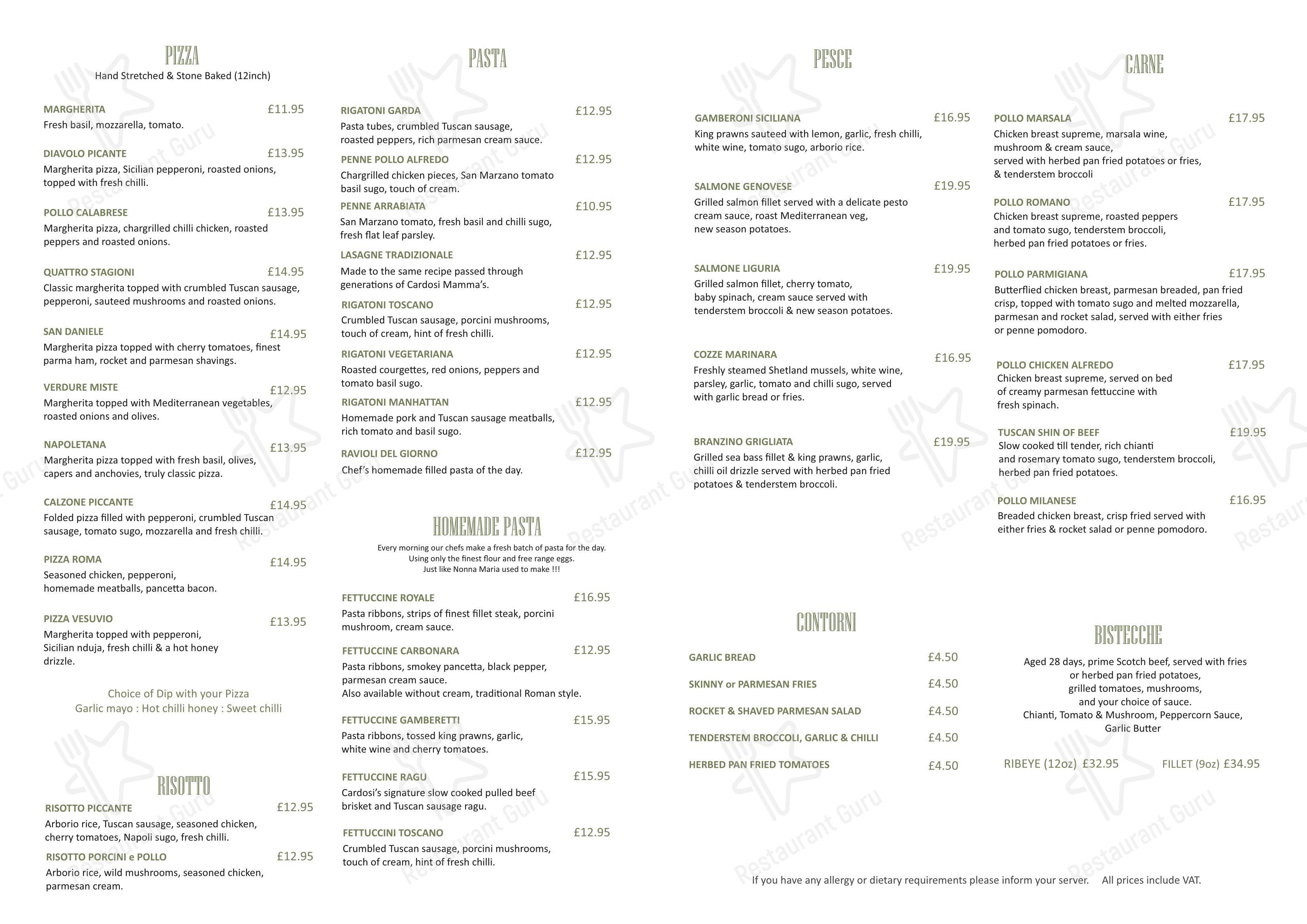 Menu at Cardosi's restaurant, Paisley, 4 Storie St