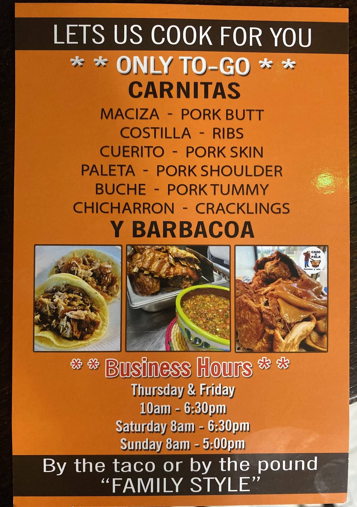 Carta del restaurante Carnitas Cazo & Pala, Houston