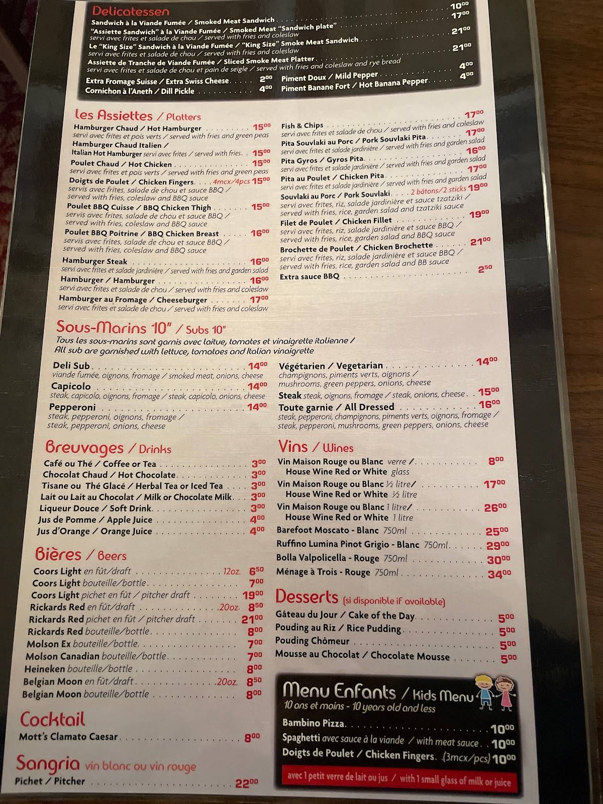 Menu au Carole pizzeria, Lachute