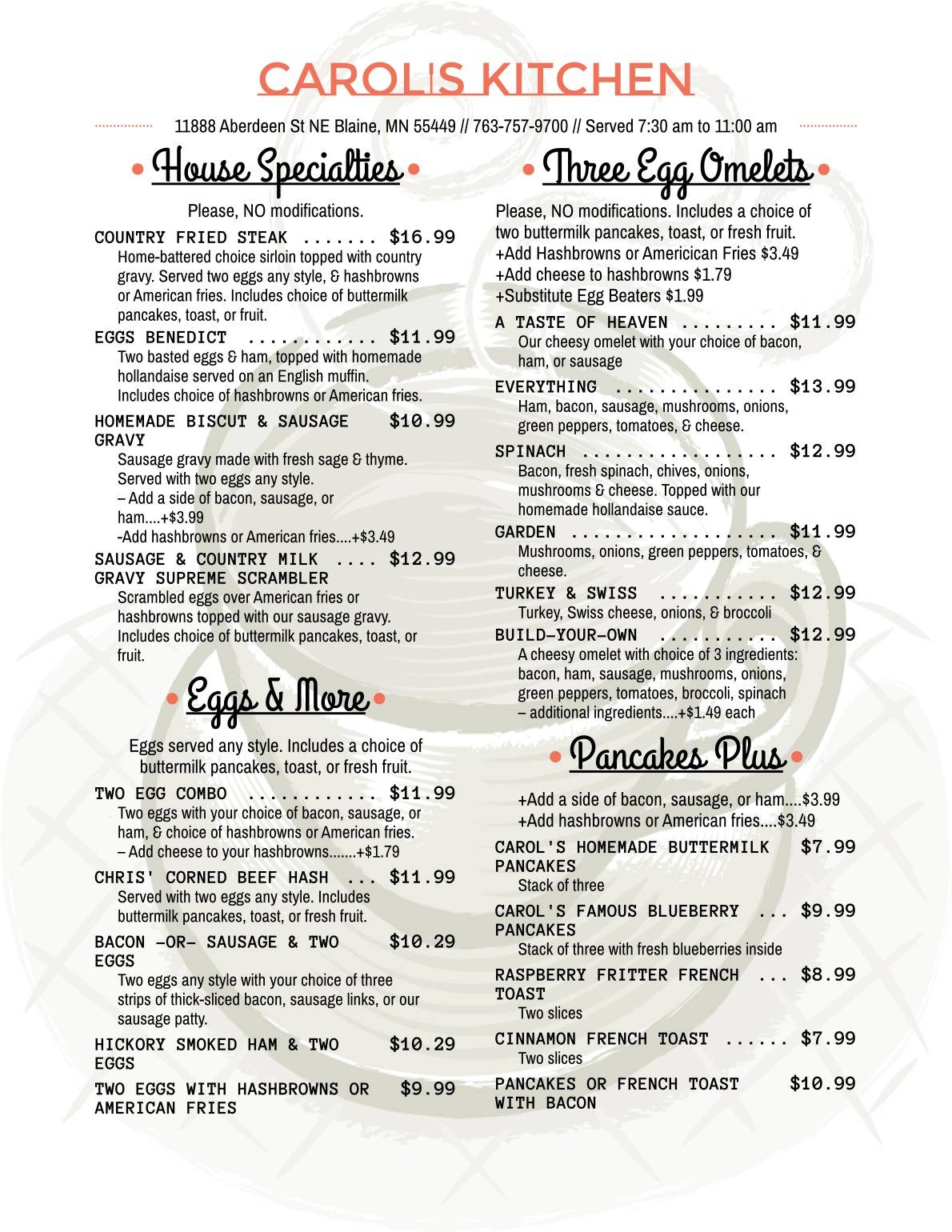 Menu at Carol's restaurant, Blaine, Aberdeen St NE