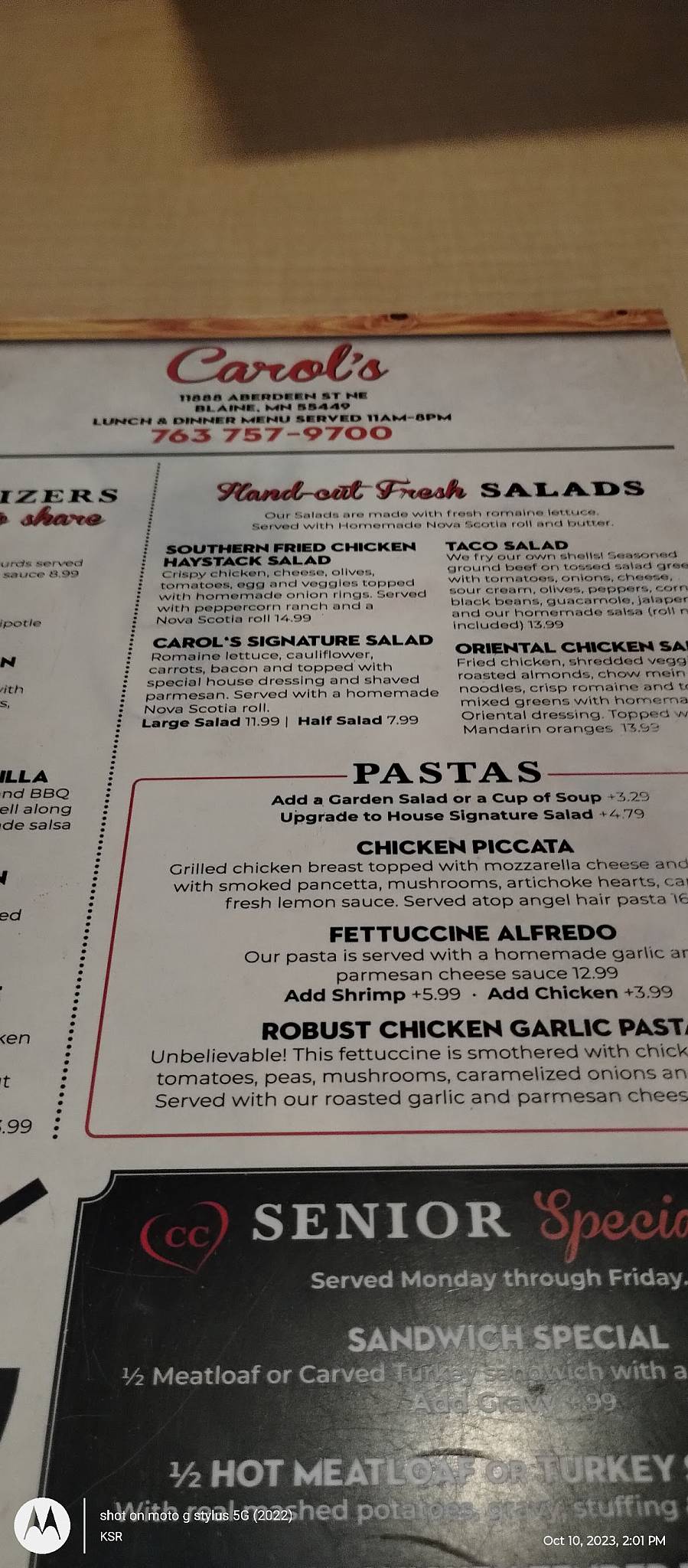 Menu at Carol's restaurant, Blaine, Aberdeen St NE