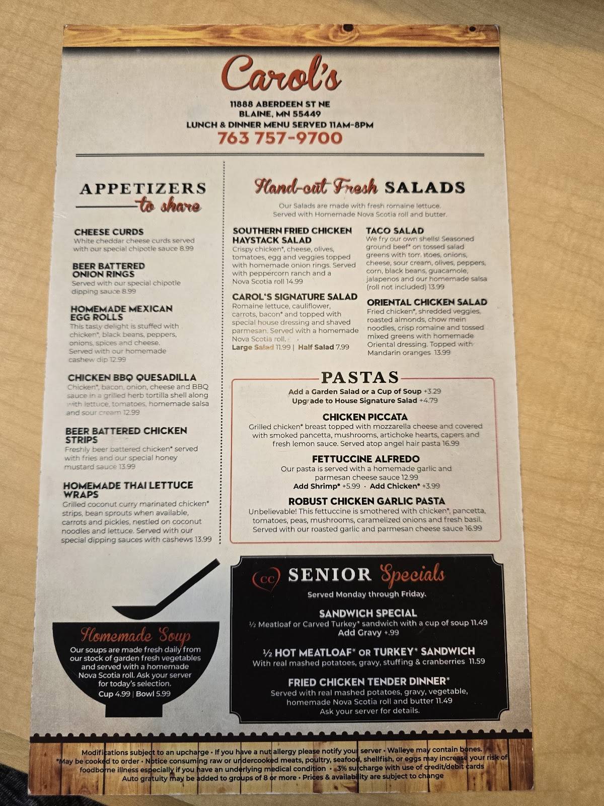 Menu at Carol's restaurant, Blaine, Aberdeen St NE