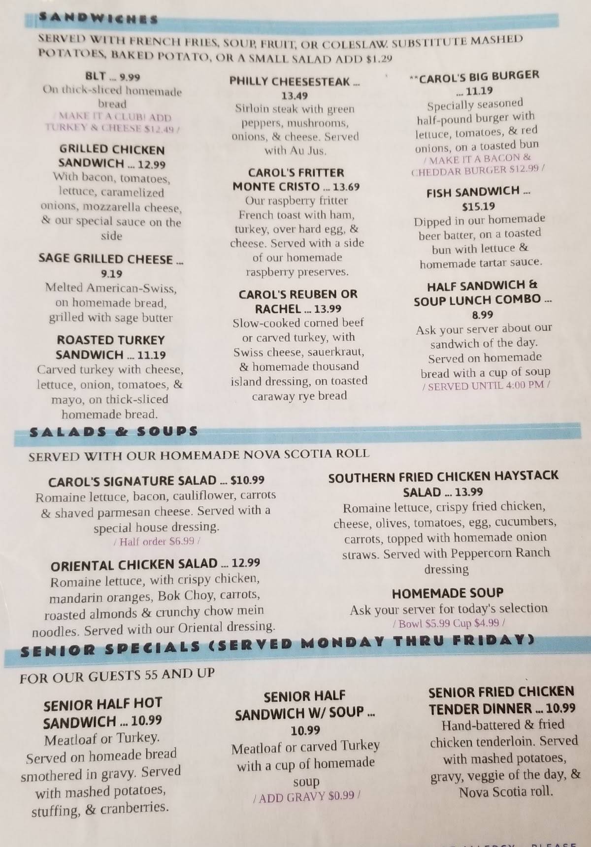 Menu at Carol's restaurant, Blaine, Aberdeen St NE