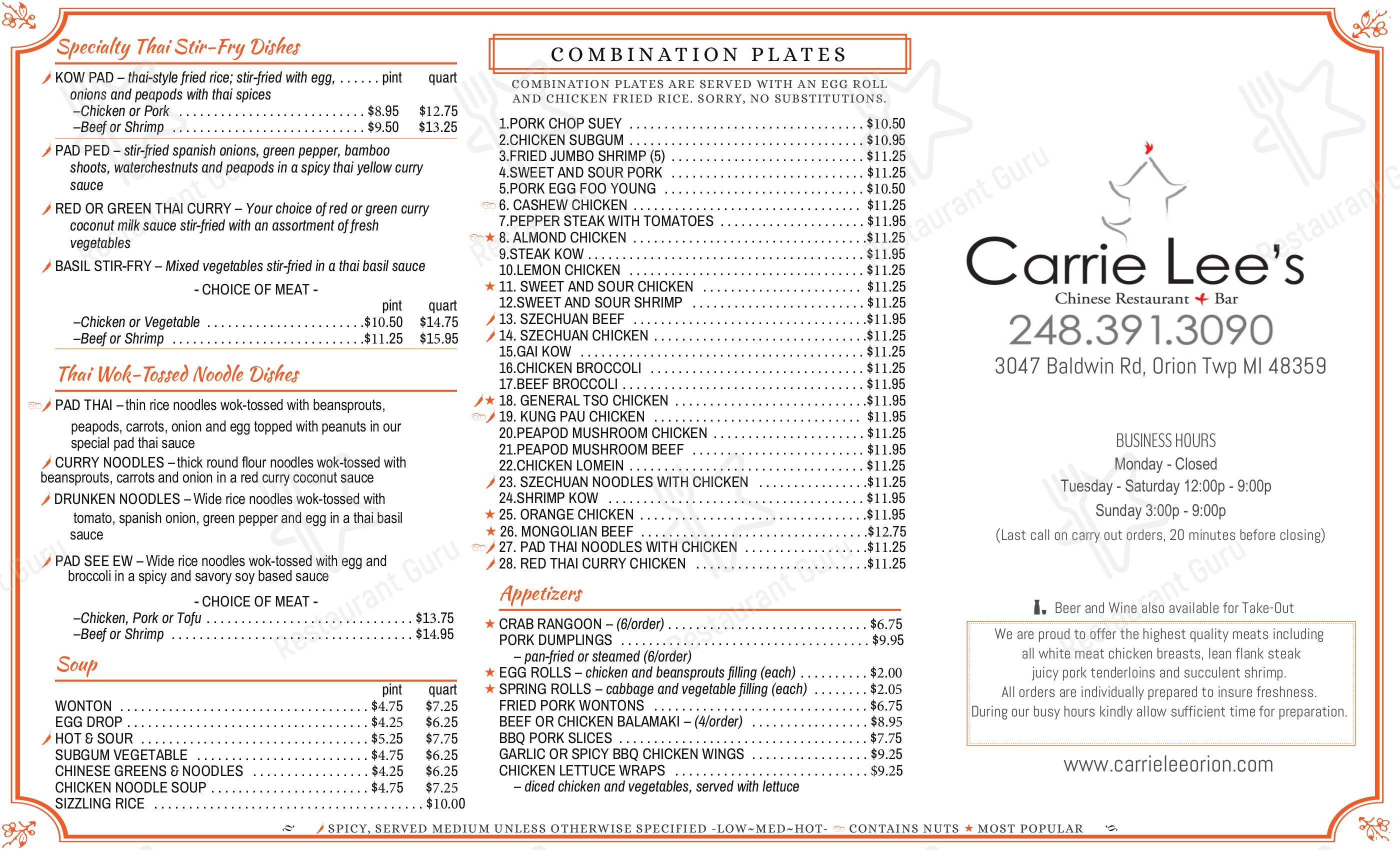 Menu at Carrie Lee’s of Orion restaurant, Orion charter Township