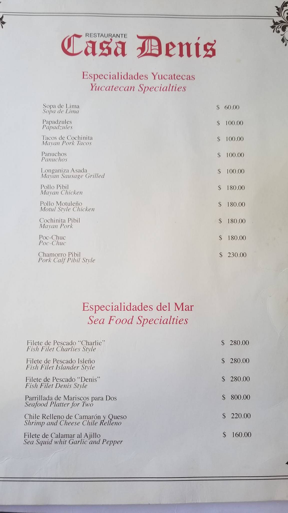 Menu at Casa Denis restaurant, San Miguel de Cozumel, C. 1 Sur No. 132