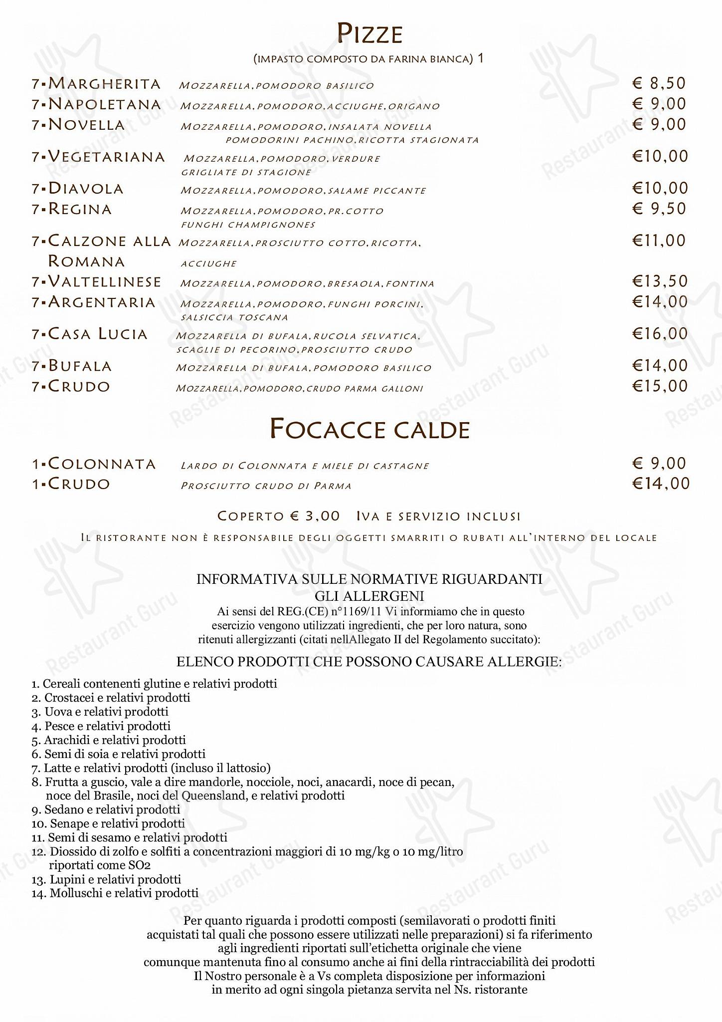Speisekarte von casa lucia restaurant, Mailand, Via Carlo Ravizza