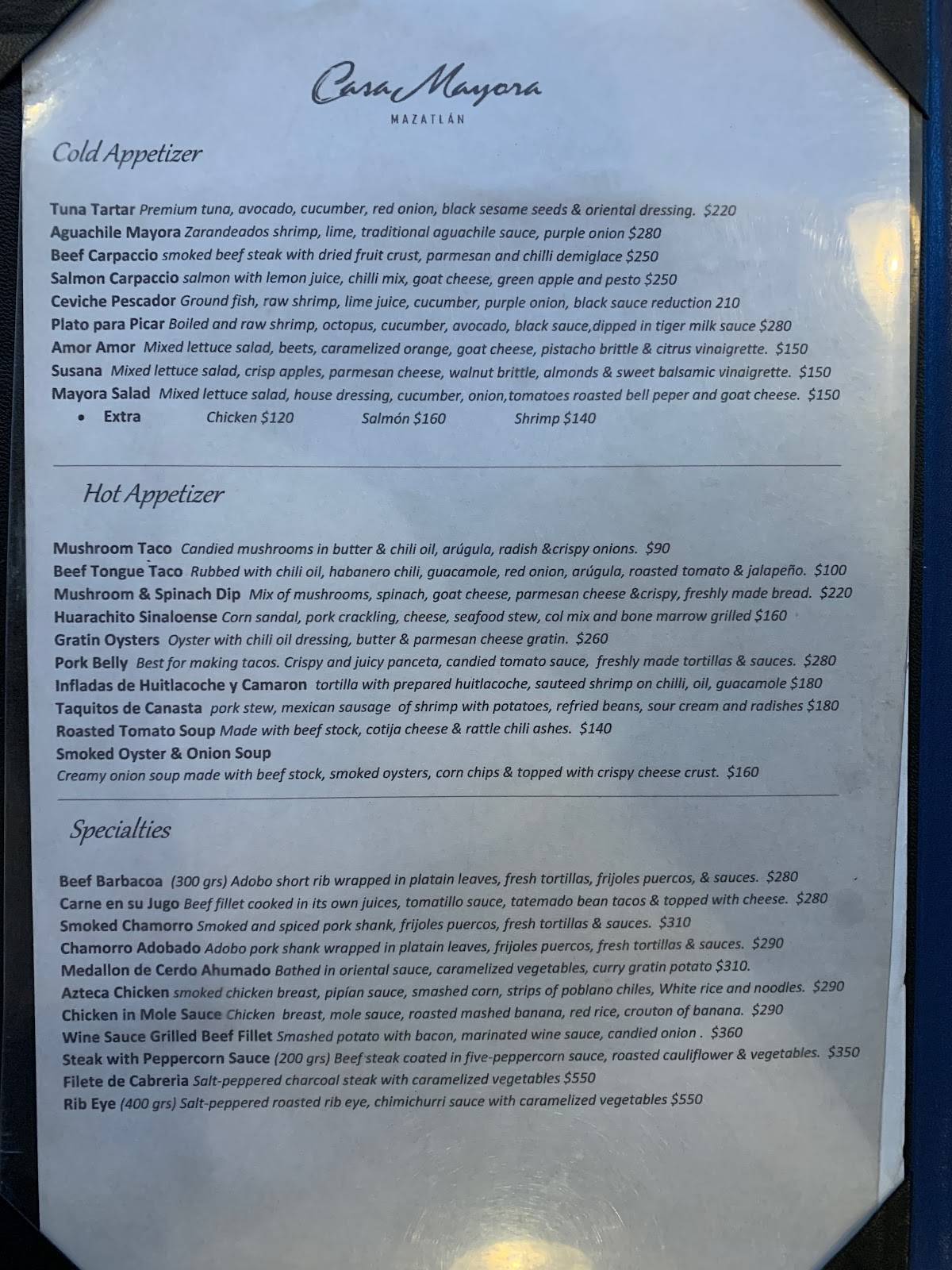 Carta del restaurante Casa Mayora Mazatlán, Mazatlán