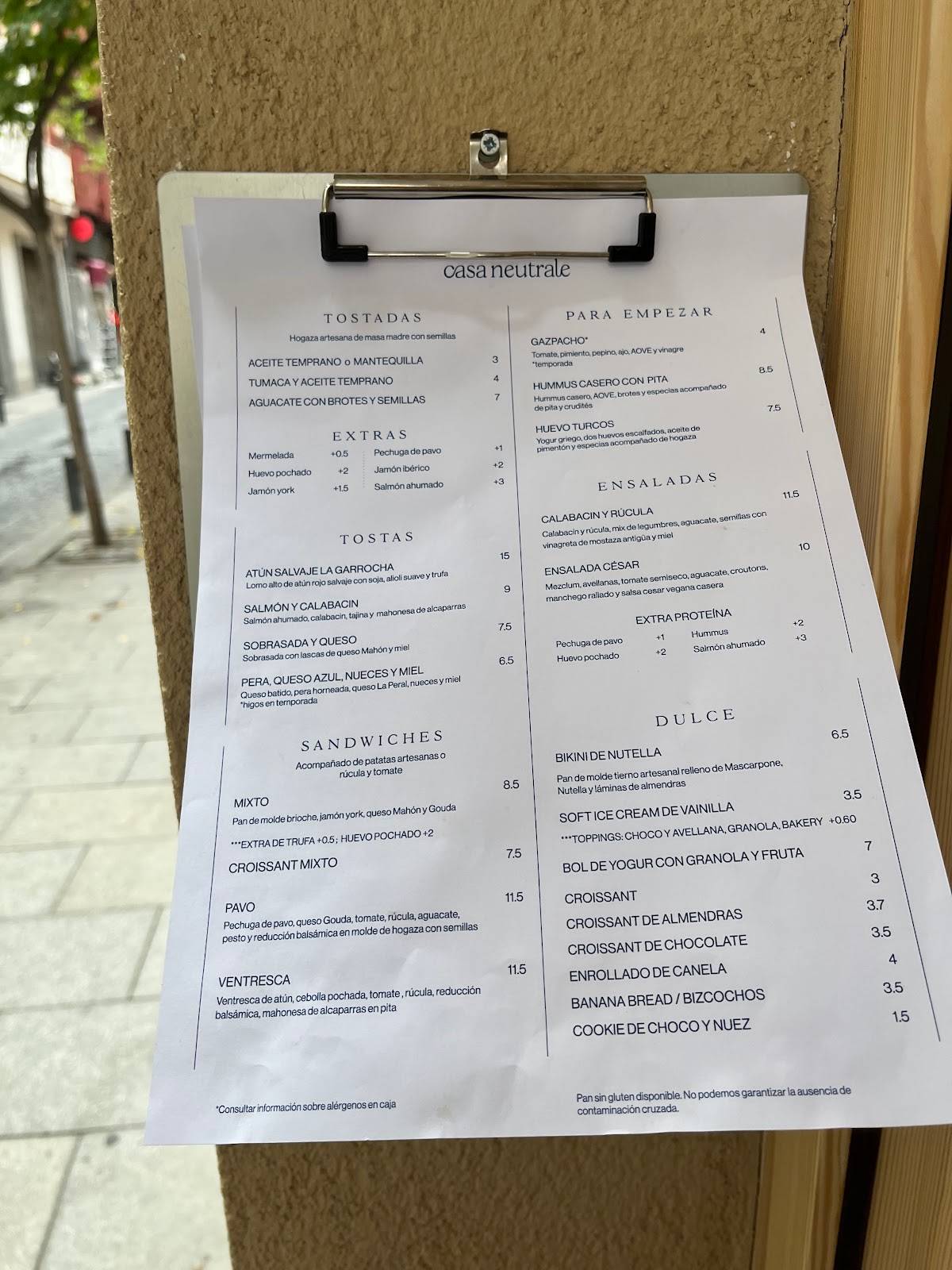 Carta del café Casa Neutrale - Coffee shop, Madrid, C. del Regueros