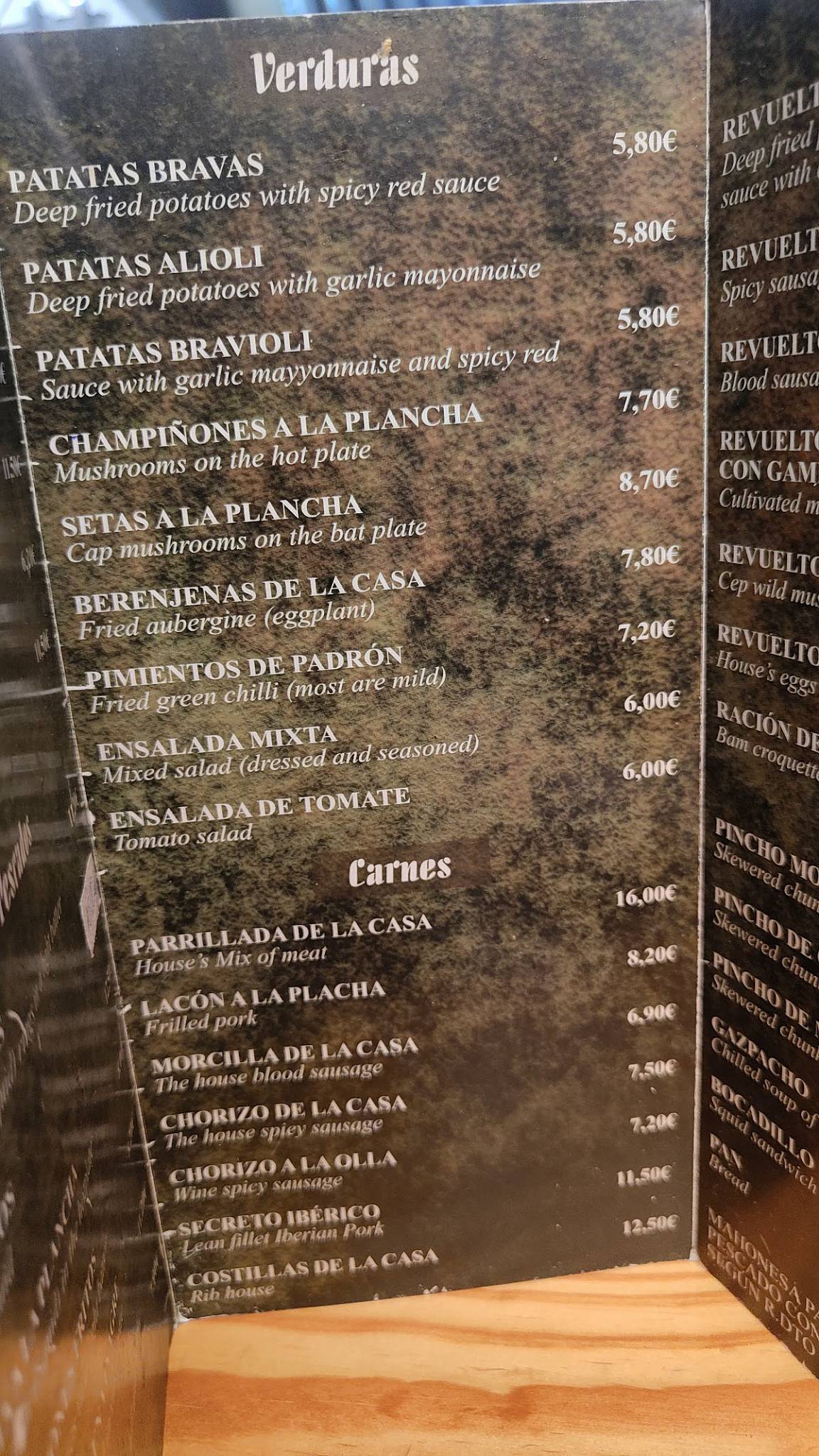 Menu at Casa Toni pub & bar, Madrid