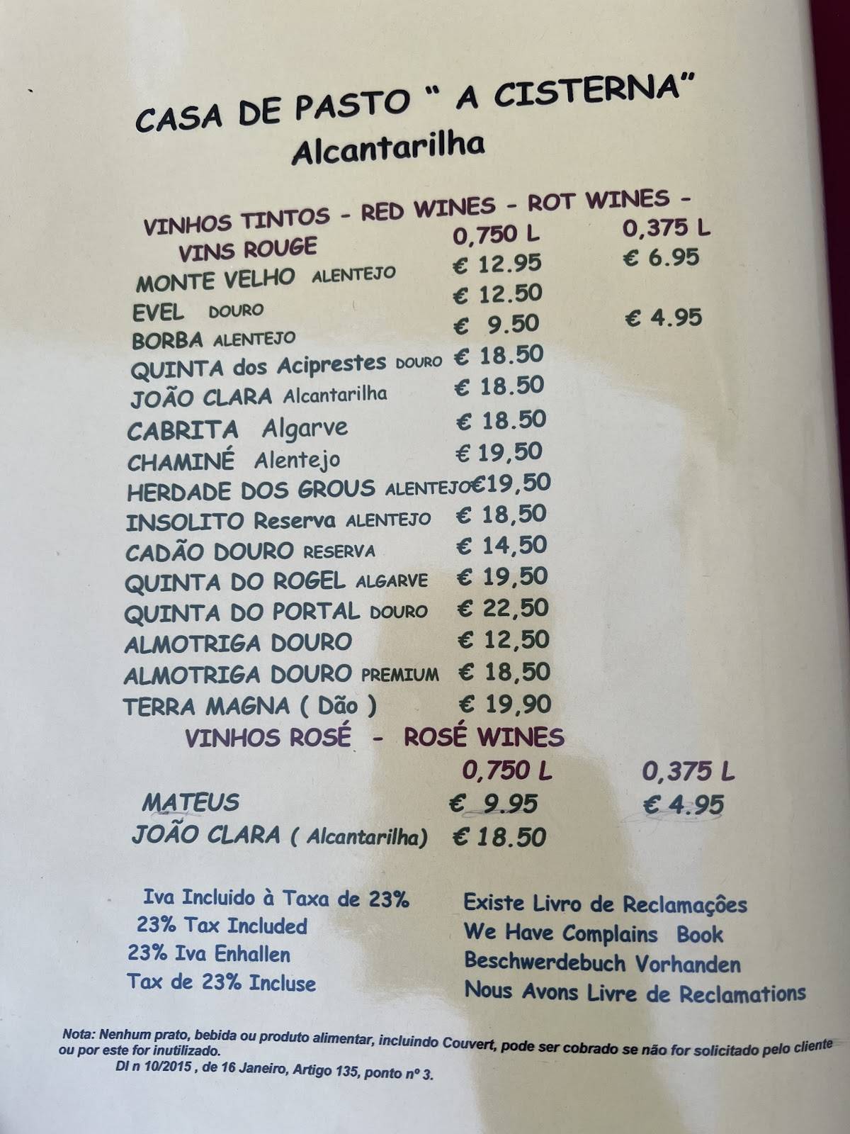 Menu em Casa de Pasto A Cisterna restaurante, Alcantarilha