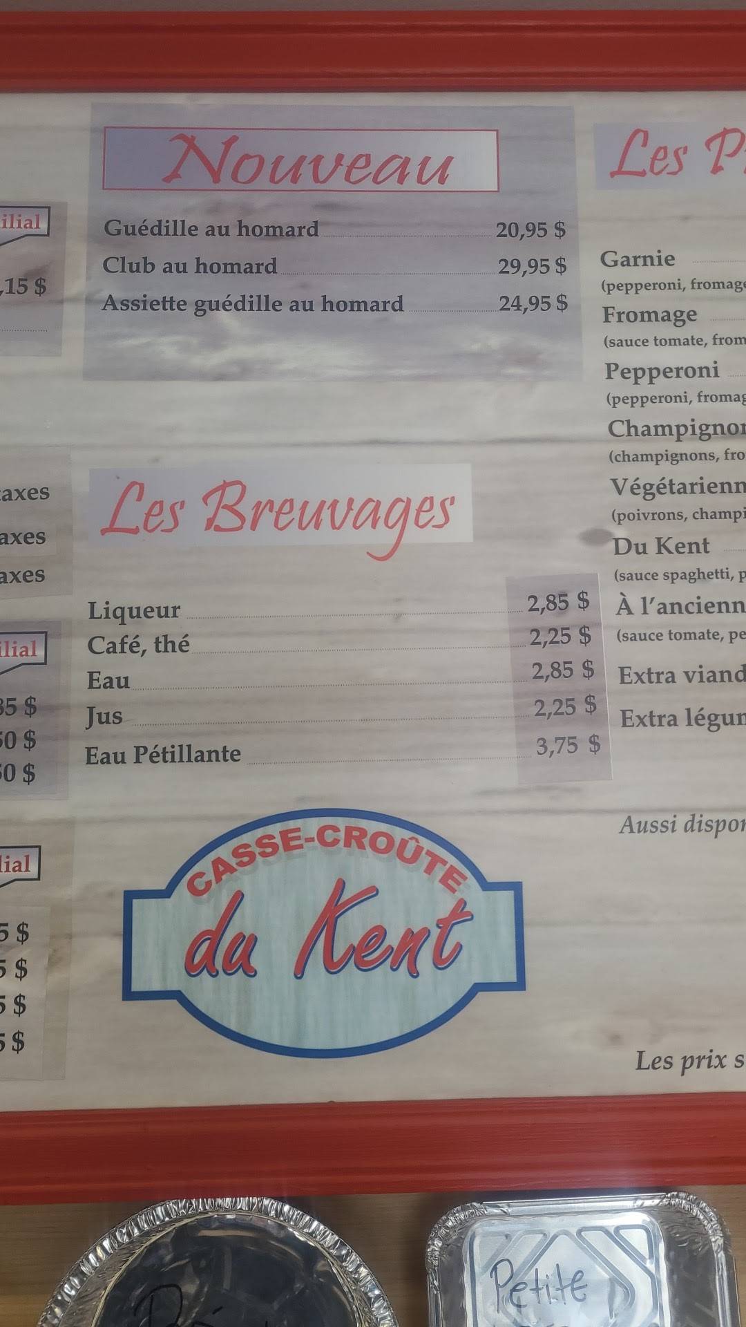 Menu au Casse-Croûte du Kent fast food, Québec