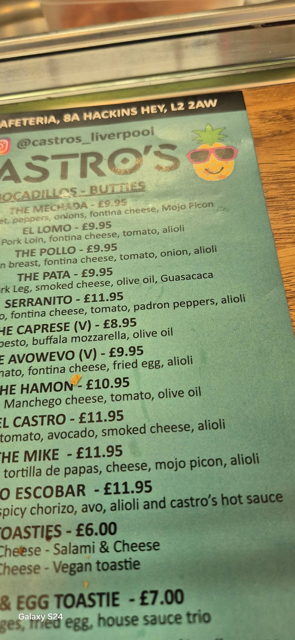Menu at Castro's Cafeteria Liverpool, Liverpool